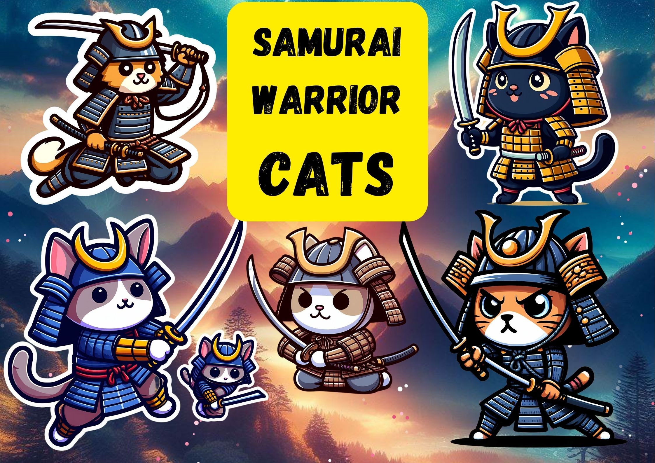 Samurai Warrior Cat Clipart Collection, 85 PNG Bundle File Sticker ...