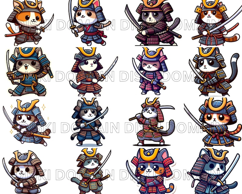 Samurai Warrior Cat Clipart Collection, 85 PNG Bundle File Sticker ...