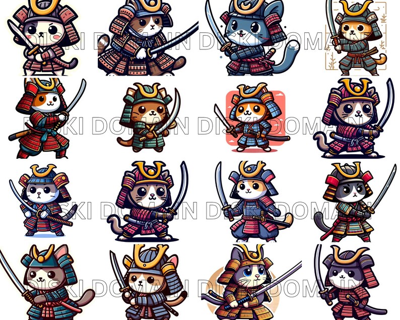Samurai Warrior Cat Clipart Collection, 85 PNG Bundle File Sticker ...