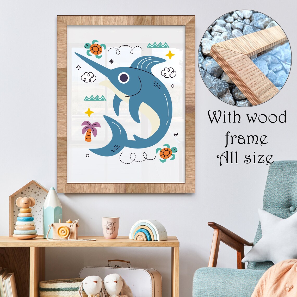 Charming Swordfish Illustration in Oak Veneer Frame Playful Ocean Decor ...