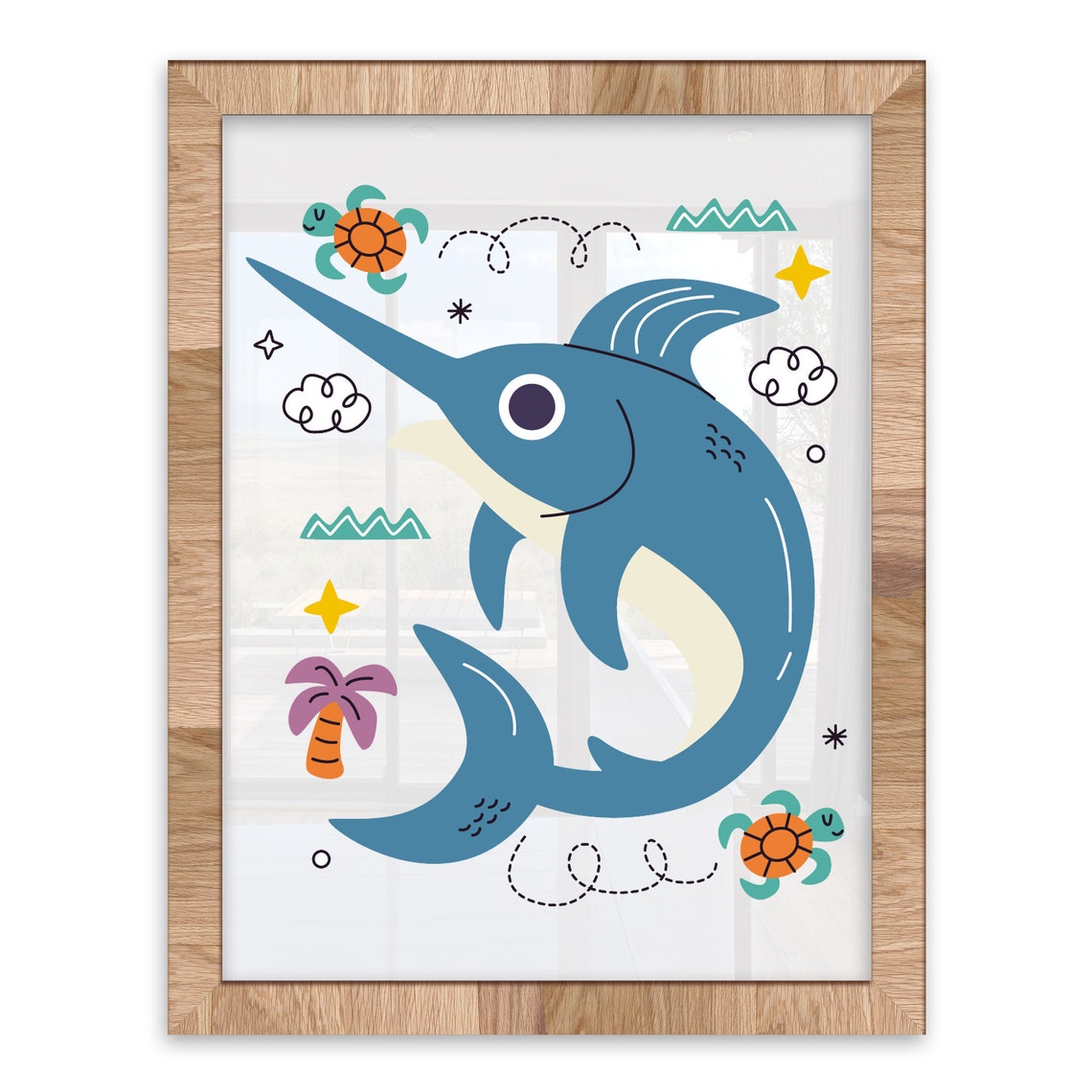Charming Swordfish Illustration in Oak Veneer Frame Playful Ocean Decor ...