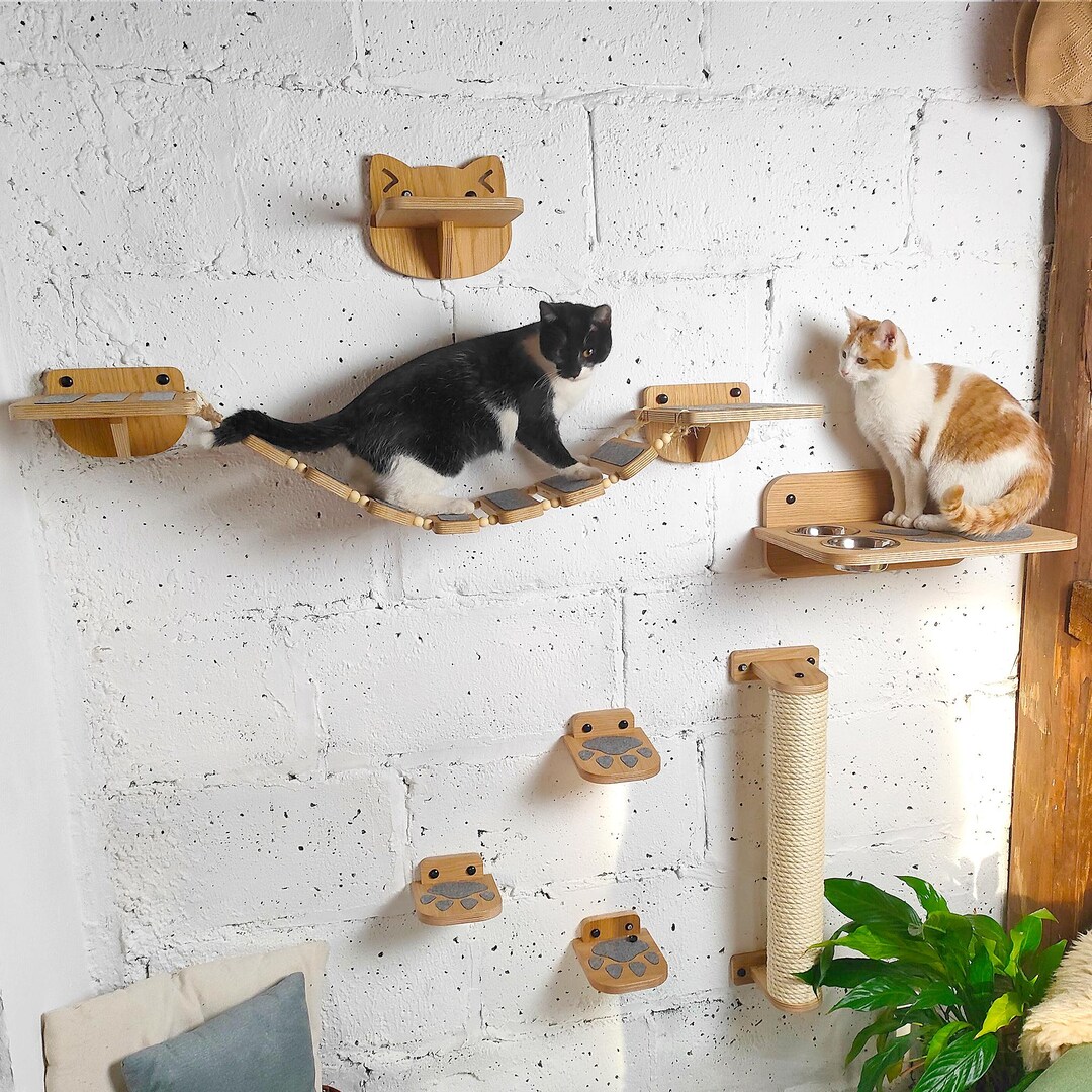 Modern Oak Veneer Cat Wall Playground With Bridge, Feeding Station ...