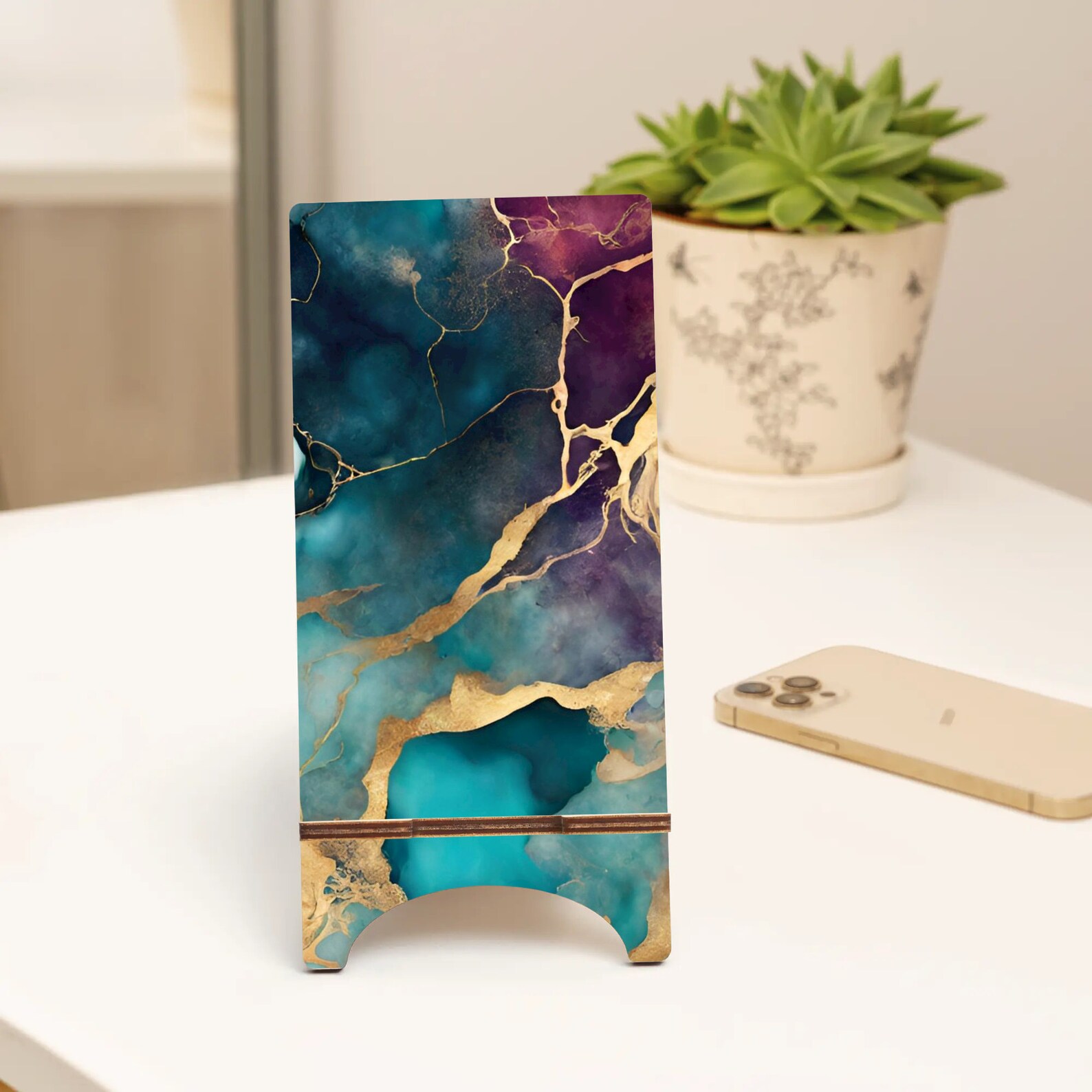 Marble Print Wood Phone Stand, Stone Pattern Holder for iPhone 14 13 12 ...