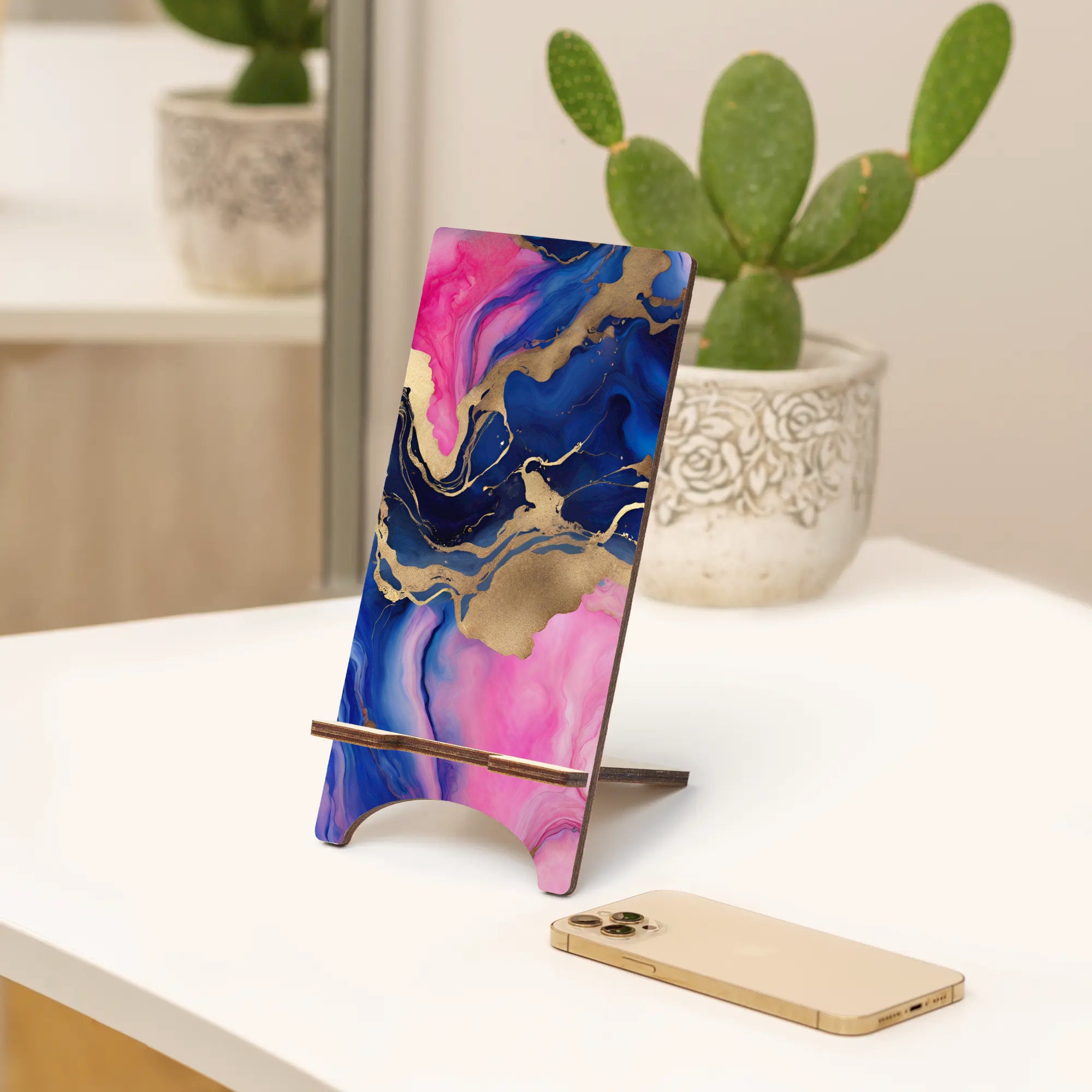 Marble Print Wood Phone Stand, Stone Pattern Holder for iPhone 14 13 12 11 Pro Max, Samsung S23 ...