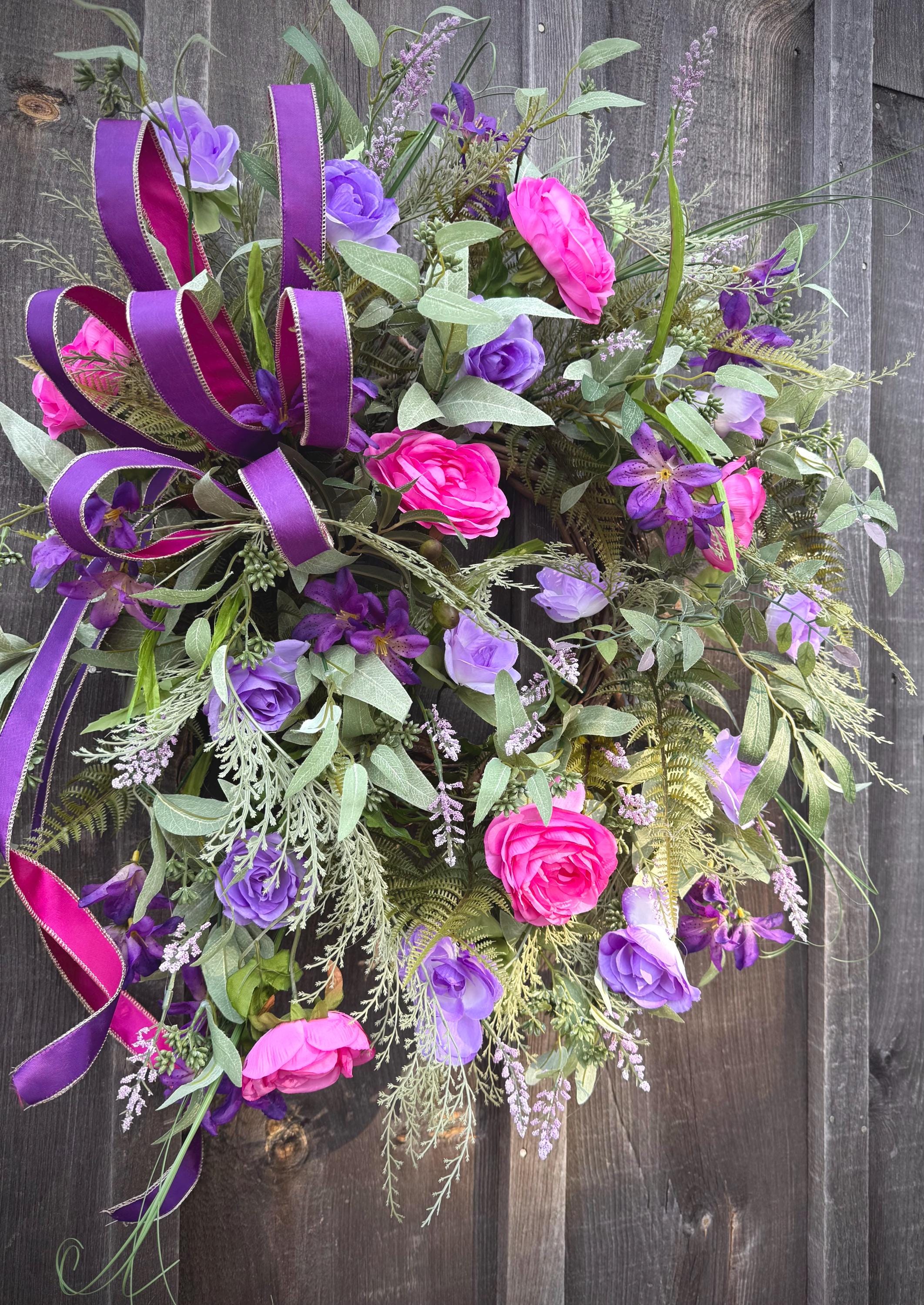 Purple Pink Floral Wreath | Garden Door Decor | Lavender Rose Year ...