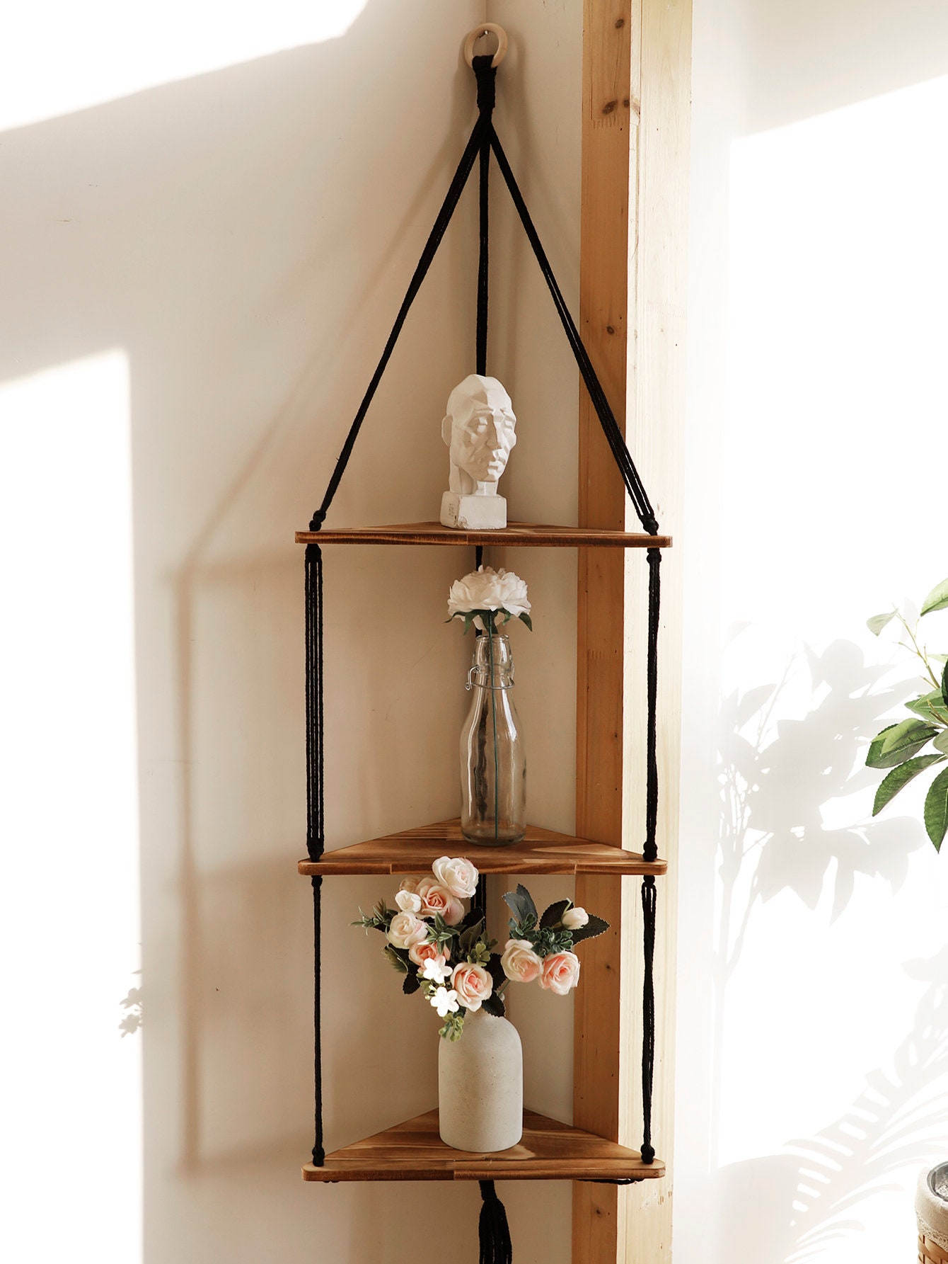 Floating Corner Shelves, Rustic Corner Shelves, Macrame Wood Shelves ...
