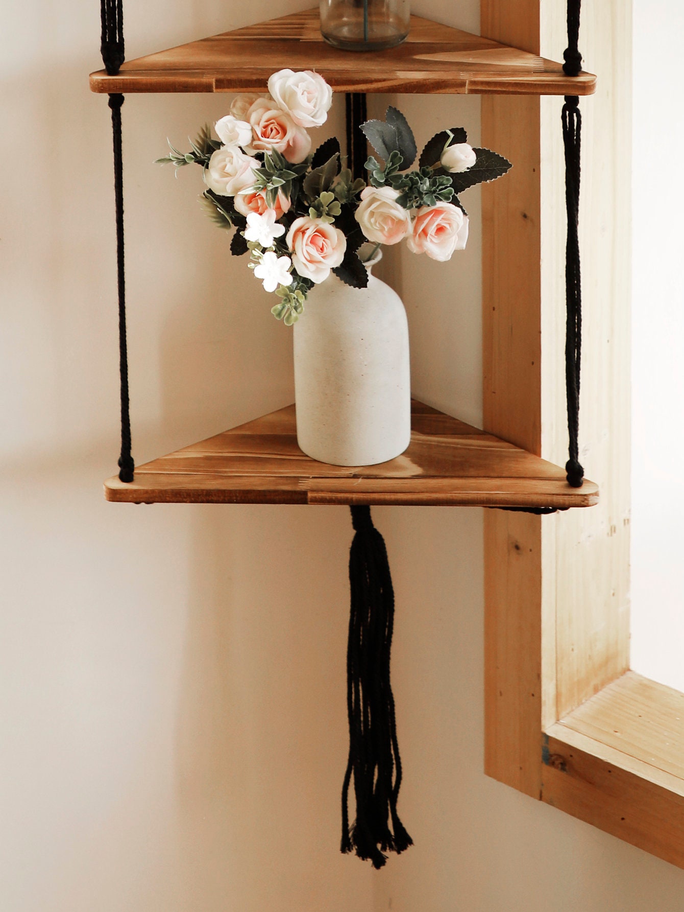 Floating Corner Shelves, Rustic Corner Shelves, Macrame Wood Shelves ...