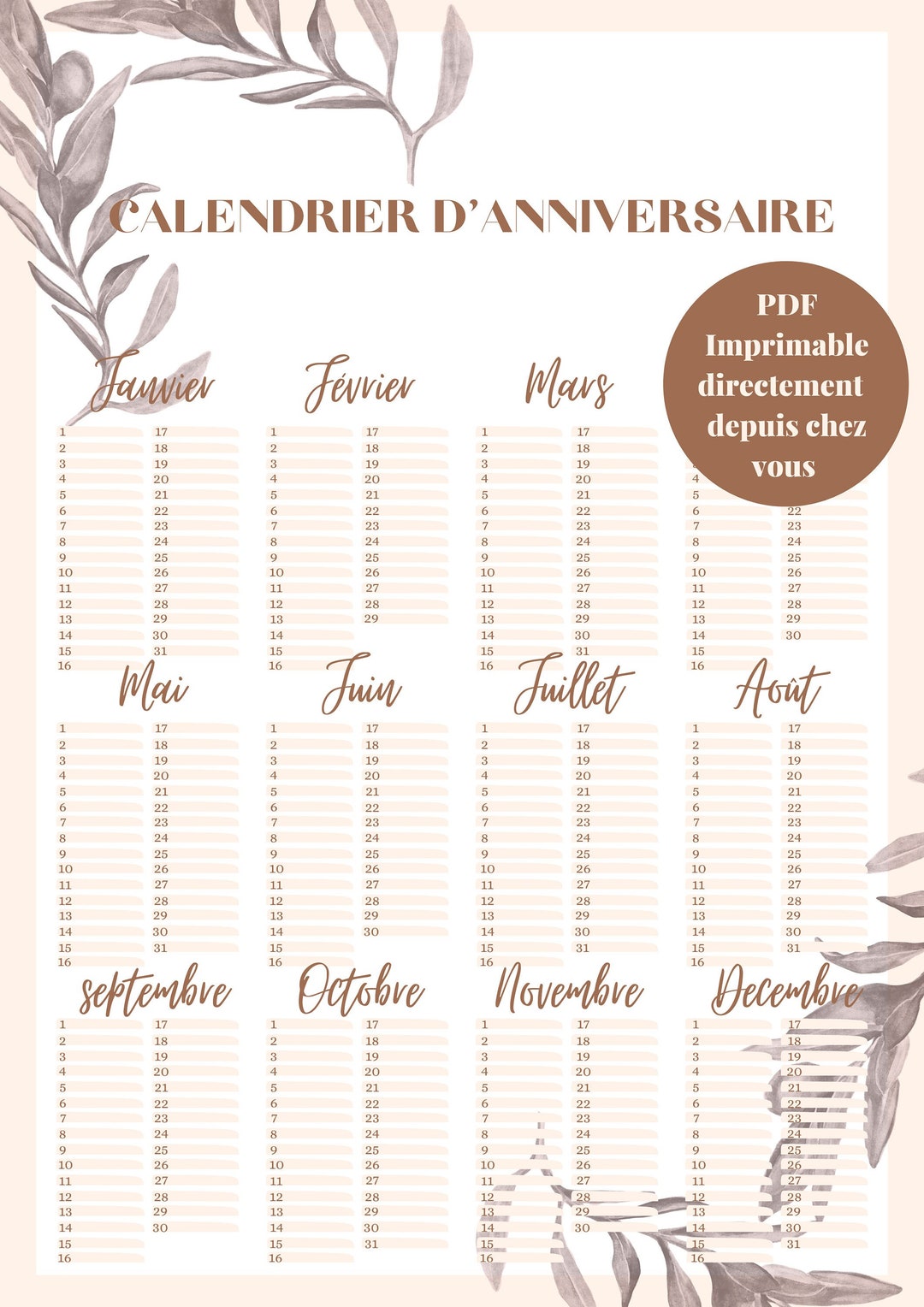 Printable Birthday Calendar - Etsy