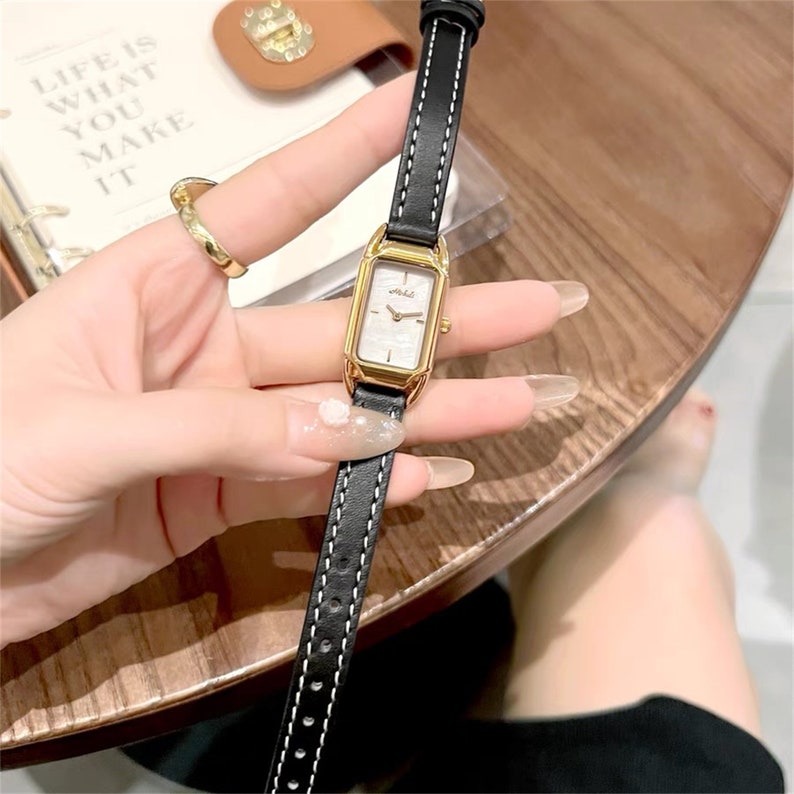 Chic Style Square Face Watches for Women, Black Leather Band Watches ...