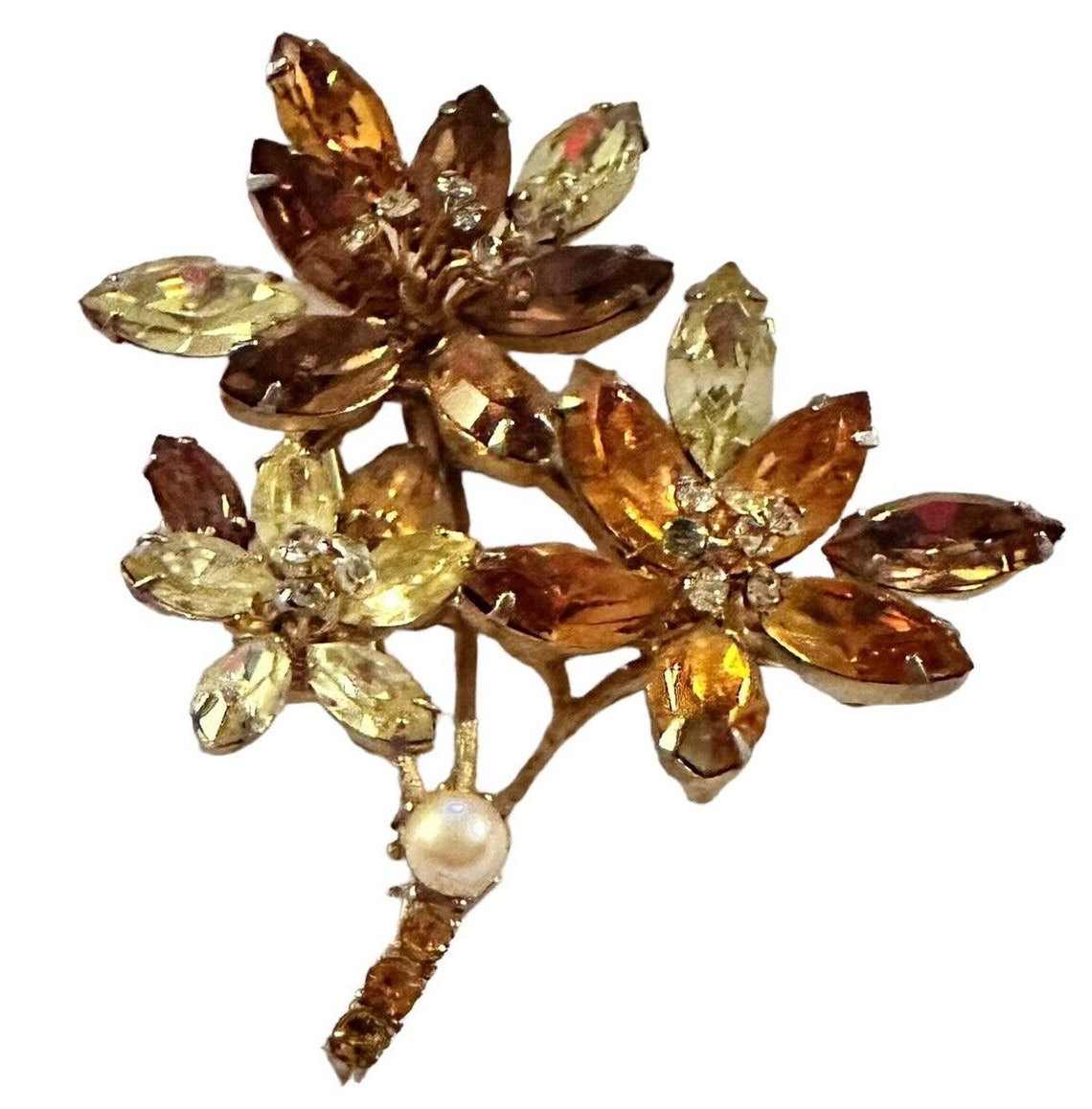 Vintage Vendome Brooch Flower Gold Tone Topaz Color Rhinestones Flower ...