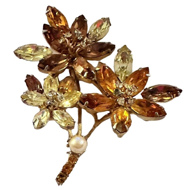 Vintage Vendome Brooch Flower Gold Tone Topaz Color Rhinestones Flower ...