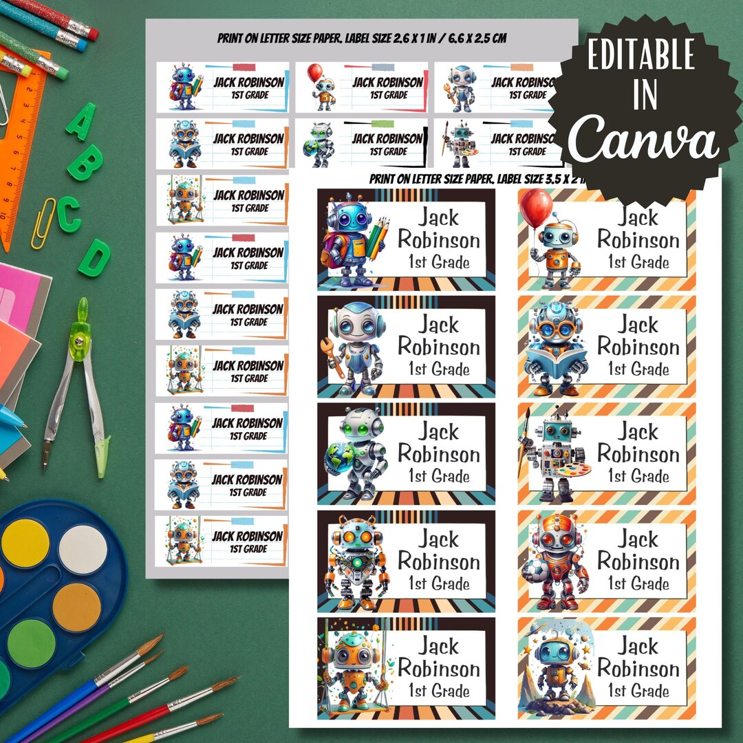 Set of Robots Printables Labels Back to School, Robots Stickers, Tags ...