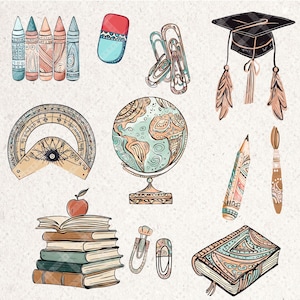Teachers Clipart and School Supplies Boho Style Drawings for Planner ...