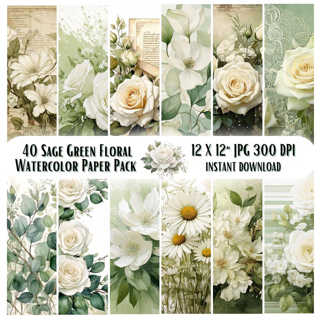 Sage Green Floral Paper Pack, Watercolor Botanical Scrapbook (digital ...