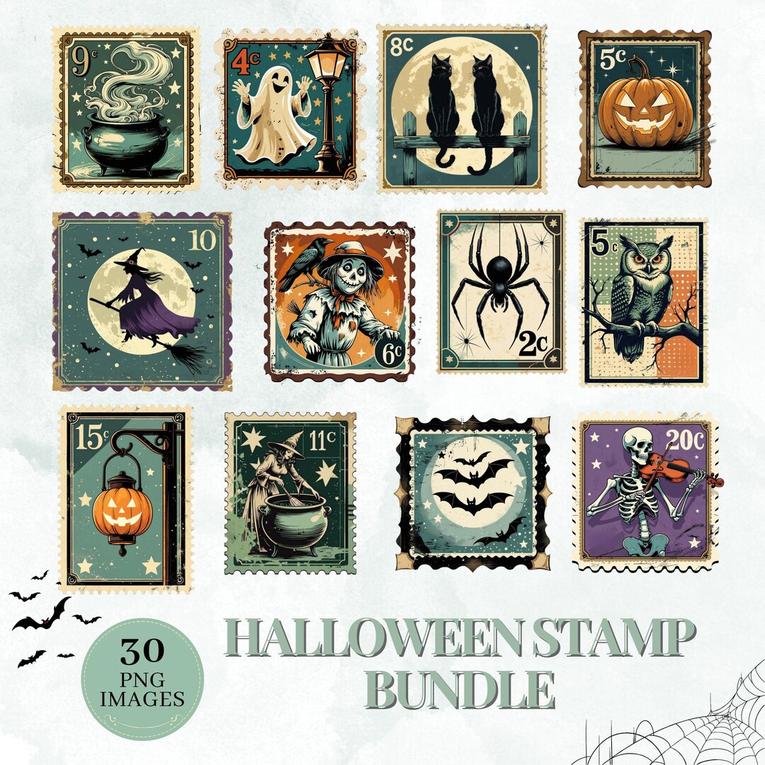 Vintage Halloween Postage Stamp Clipart, Spooky Sticker Bundle, Cute ...