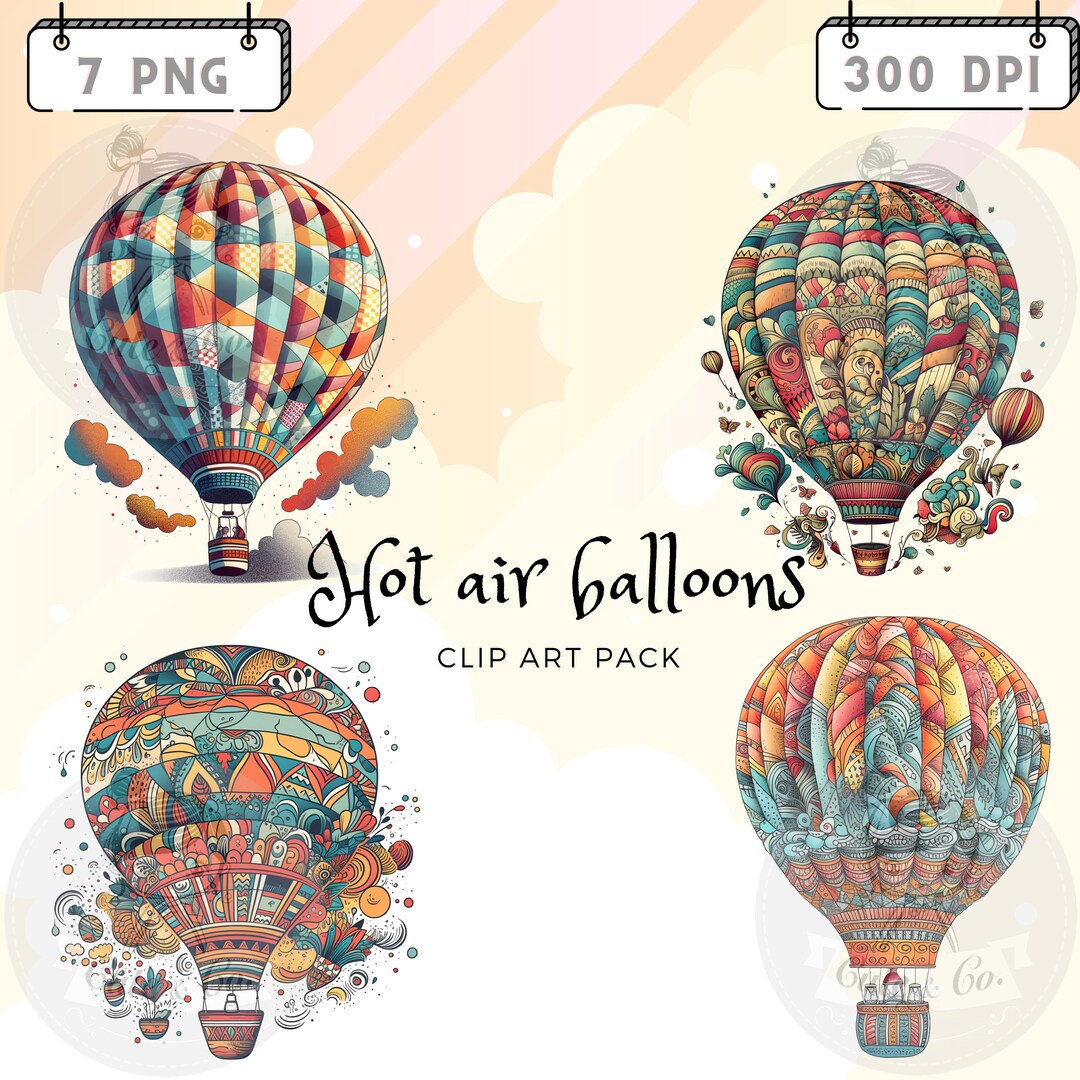 Hot Air Balloons Clipart Set 7 Images at 300 DPI for Your Creative ...