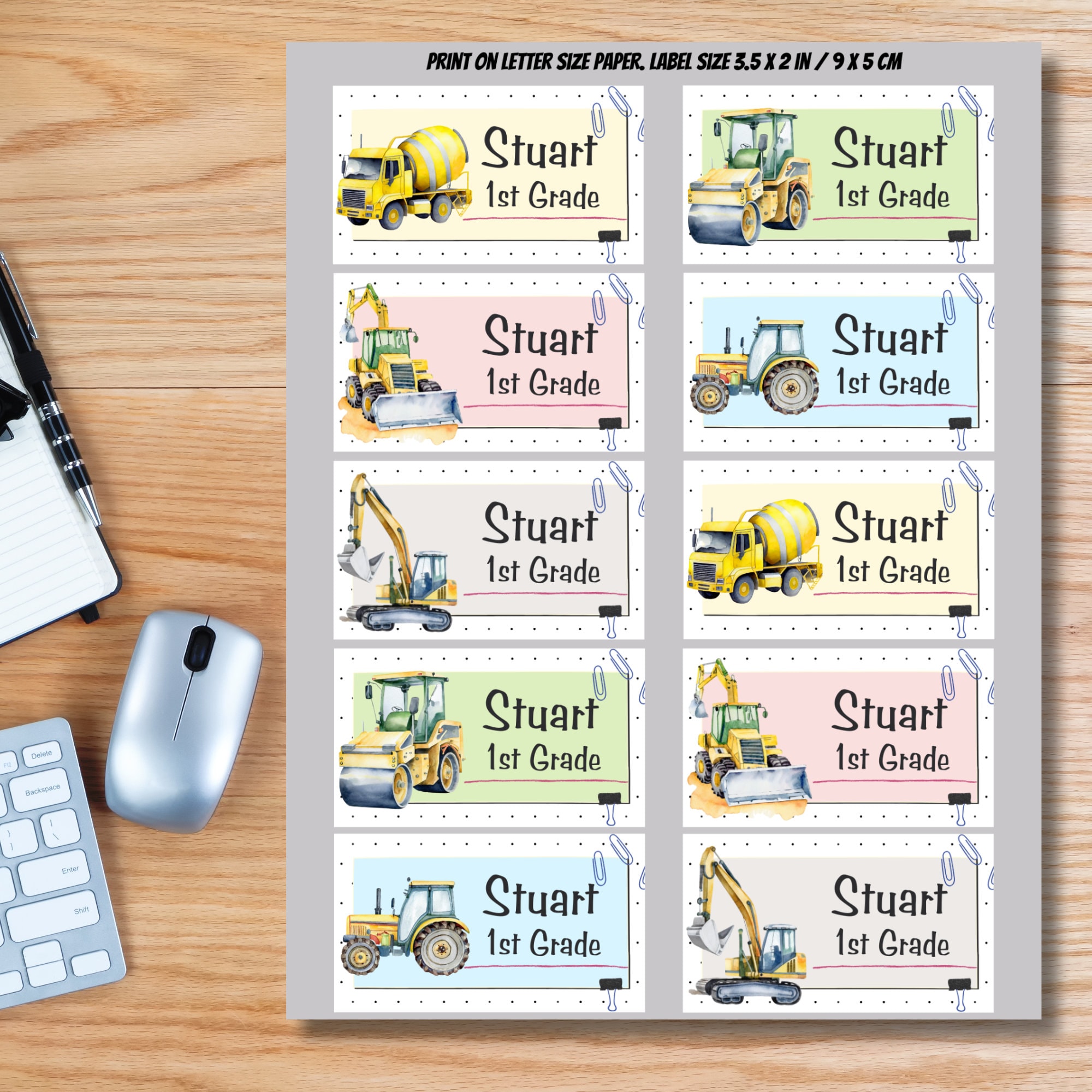 Construction Machines School Labels, Printable Stickers, Editable in ...