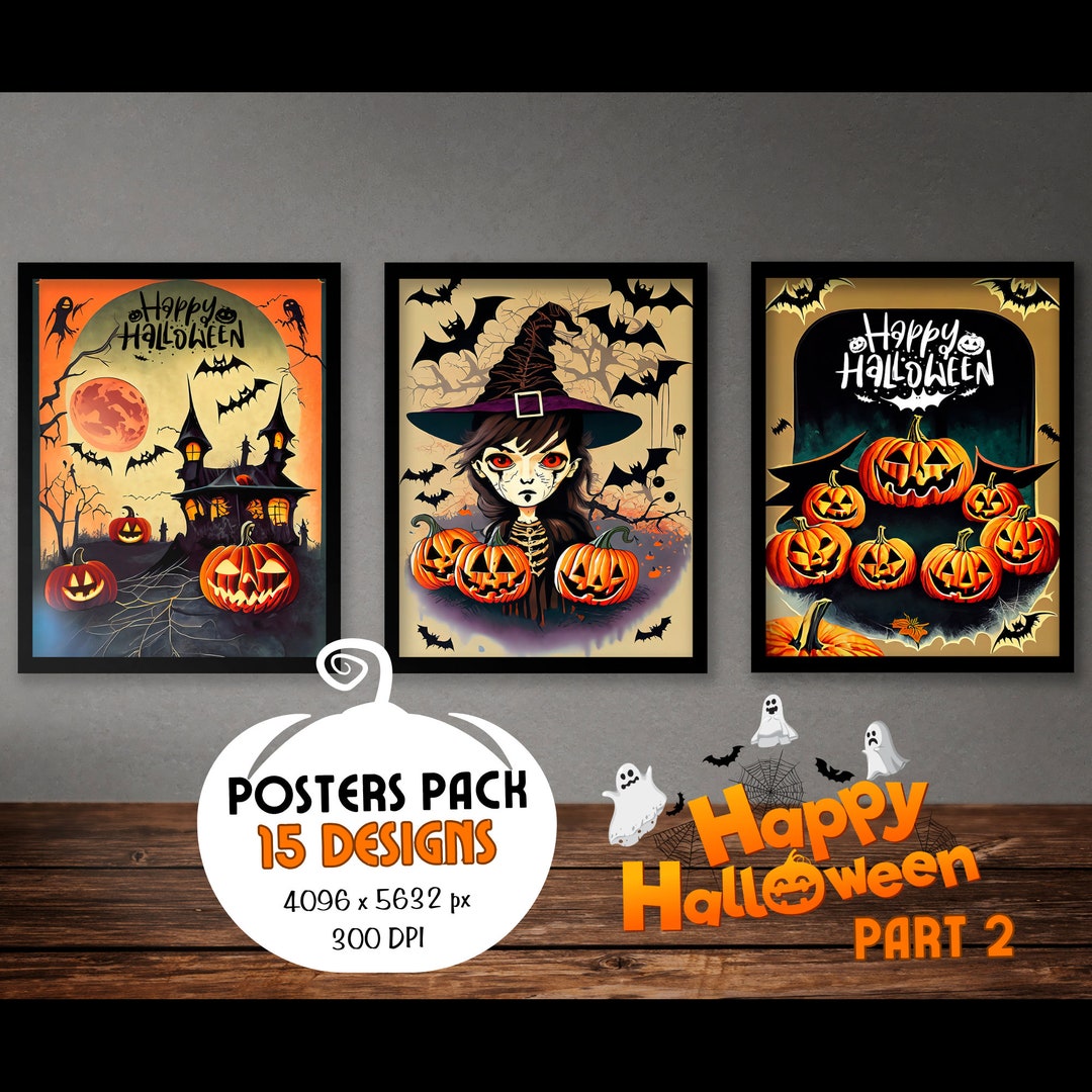 Vintage Halloween Posters Set, Spooky Haunted Landscapes (PNG Bundle ...