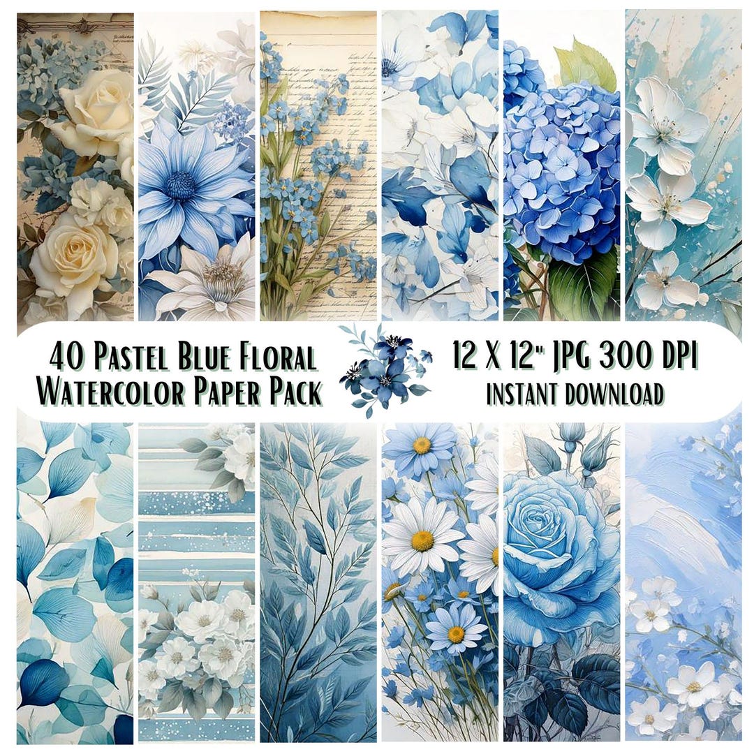 Pastel Blue Floral Paper Pack, Watercolor Scrapbook Backgrounds ...