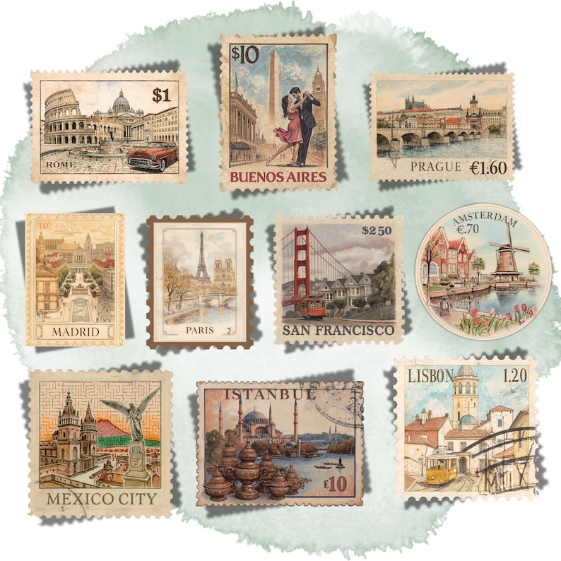 Vintage World Travel Stamp Clipart Set for Junk Journals, Scrapbooking ...