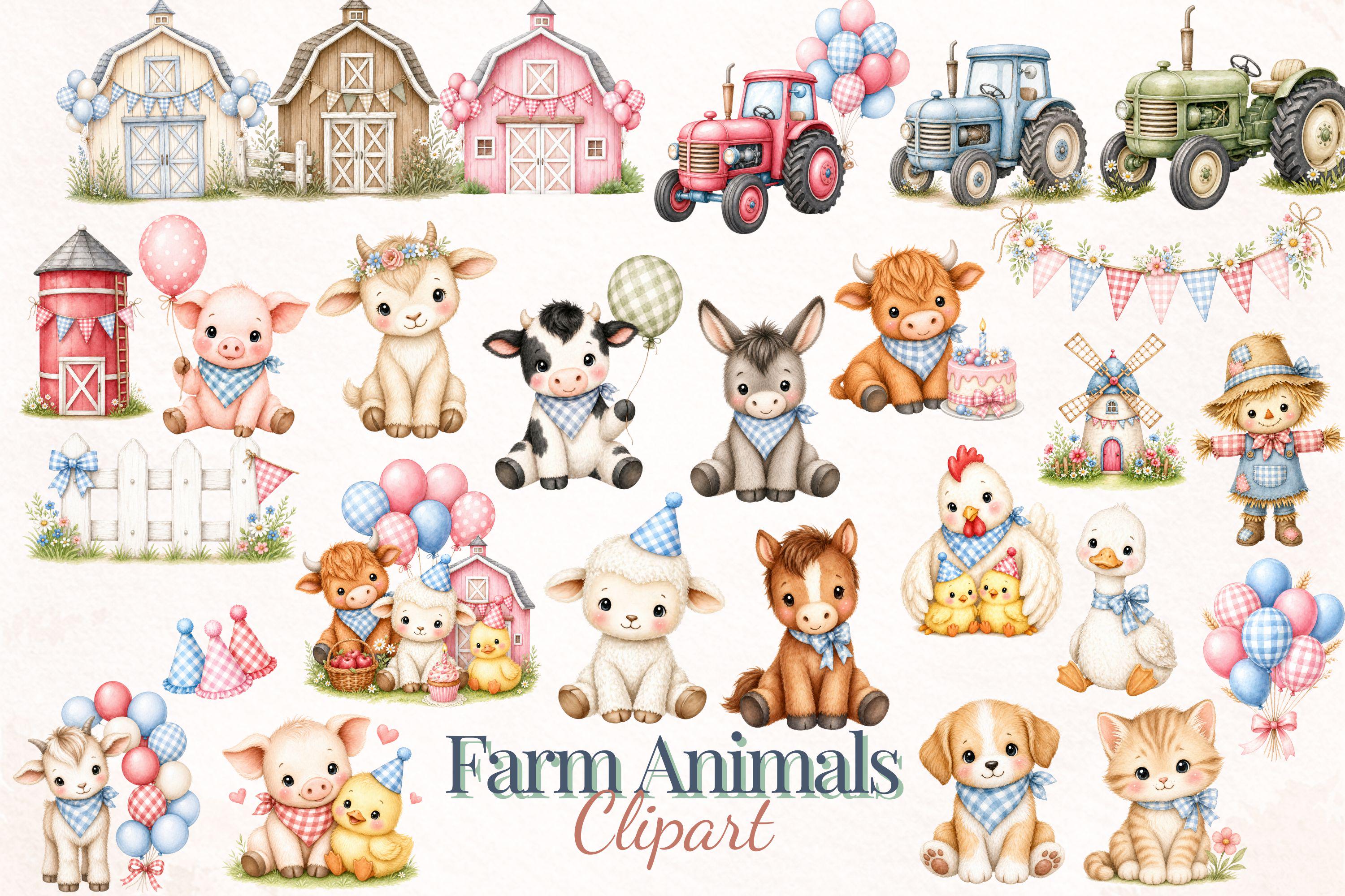 Farm Animal Watercolor Clipart Bundle, Barnyard Birthday Party Nursery ...
