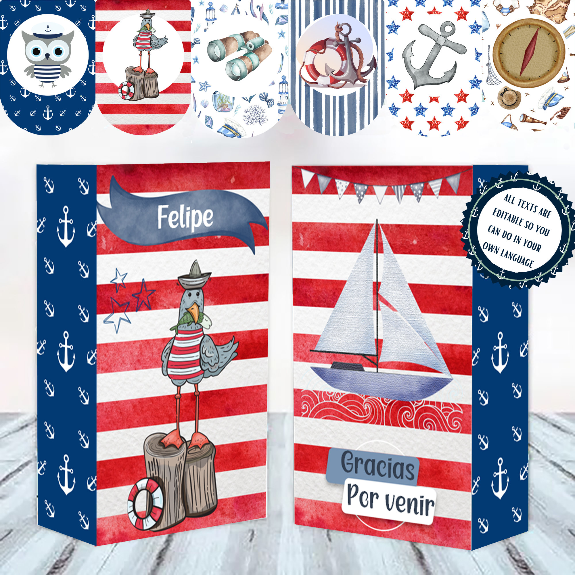 Kit Imprimible Nautico Marinero en acuarelas para Cumpleaños Baby ...