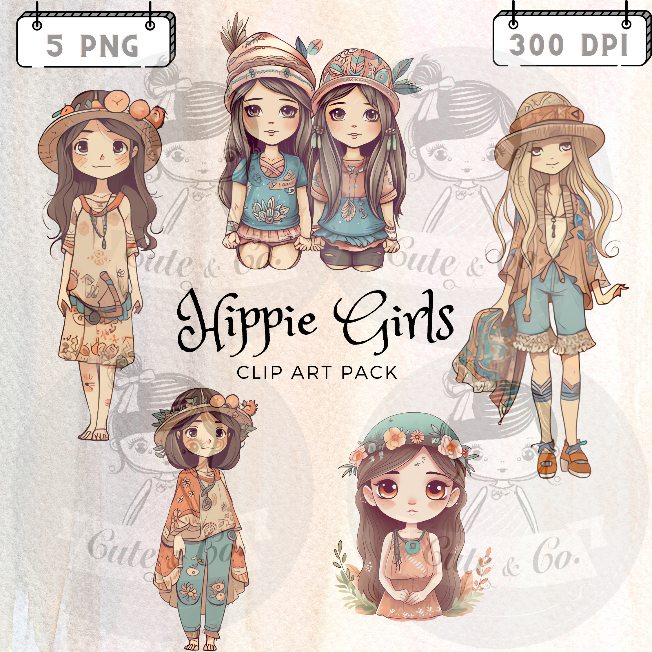 Flower Power Hippie Girls Clipart Pack 5 PNG Images at 300 Dpi - Etsy