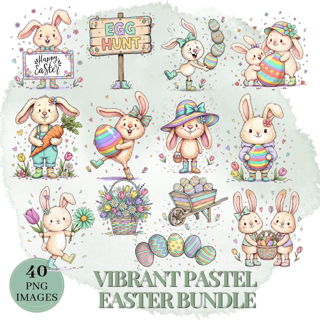 Vibrant Pastel Easter Clipart Set | Quirky Spring Rabbits, Eggs ...