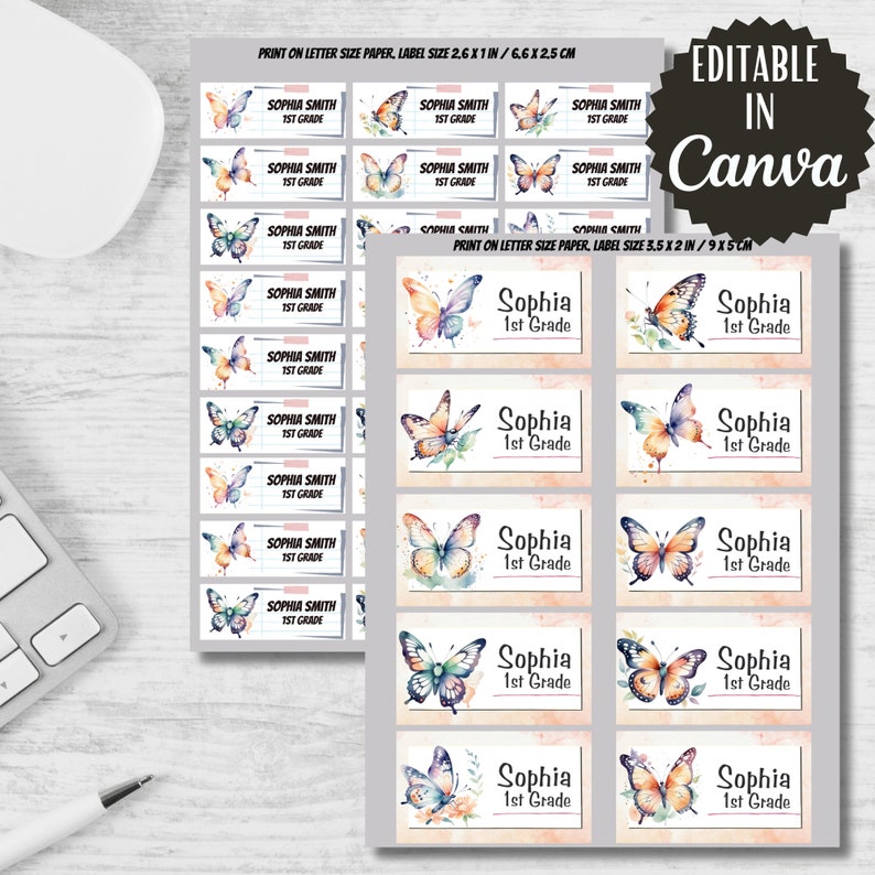 Watercolor Butterfly Labels, Back to School Stickers (editable in Canva ...