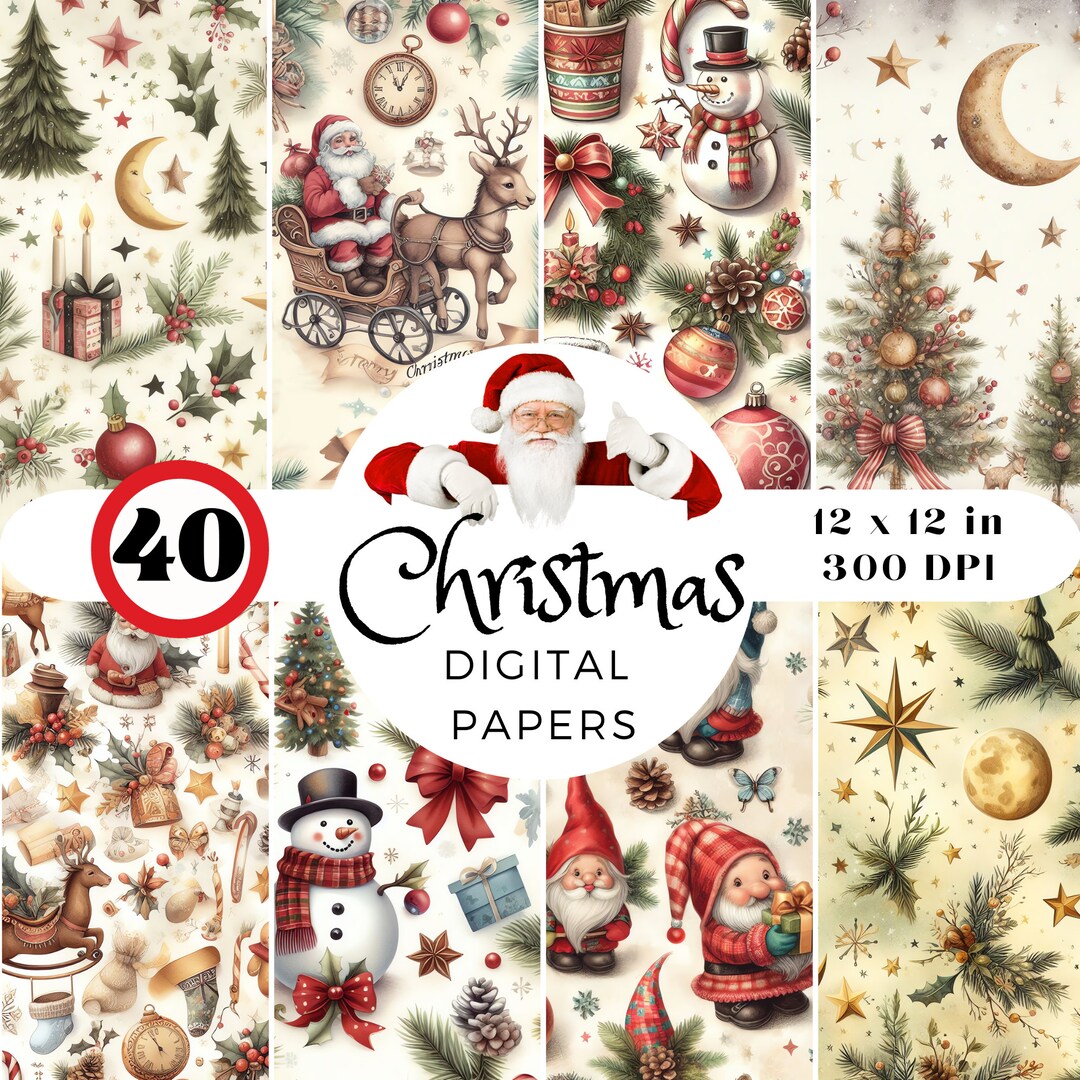 40 Seamless Vintage Christmas Digital Paper Pack, Winter Holiday Old ...