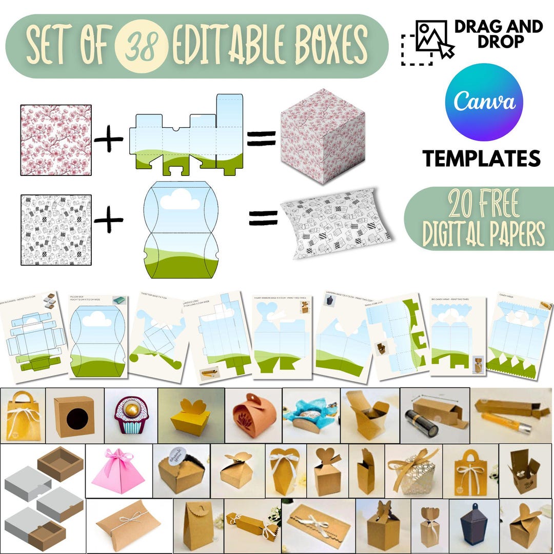 38 Gift Box Templates for Canva | Editable Favor Boxes + Digital Papers ...