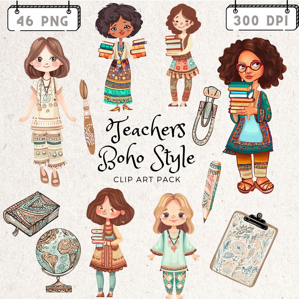 Boho Teacher Clipart Bundle School Supplies PNG Neutral Classroom Decor ...