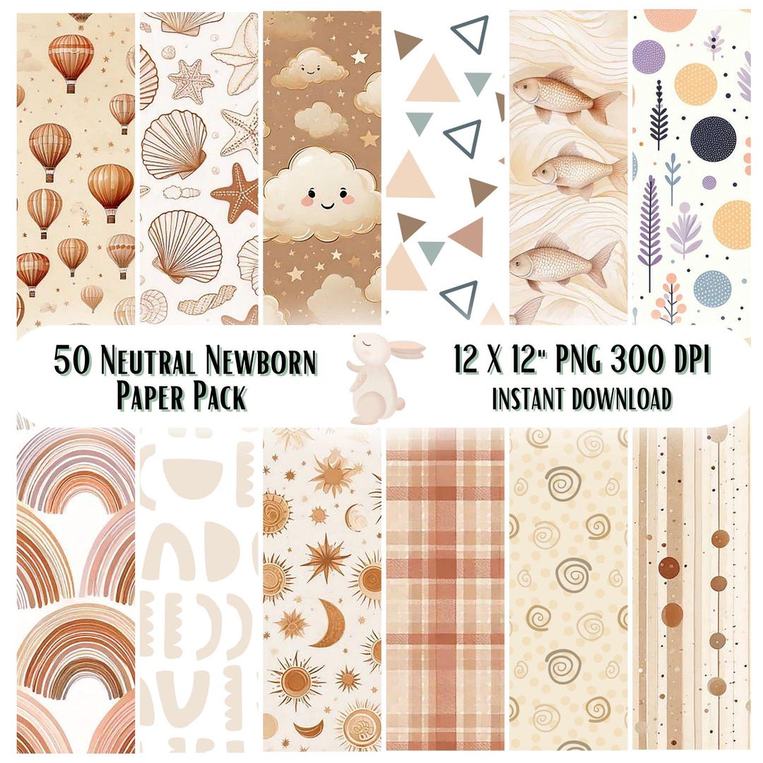 50 Printable Neutral Newborn Paper Pack, Boho Baby Nursery Ephemera ...