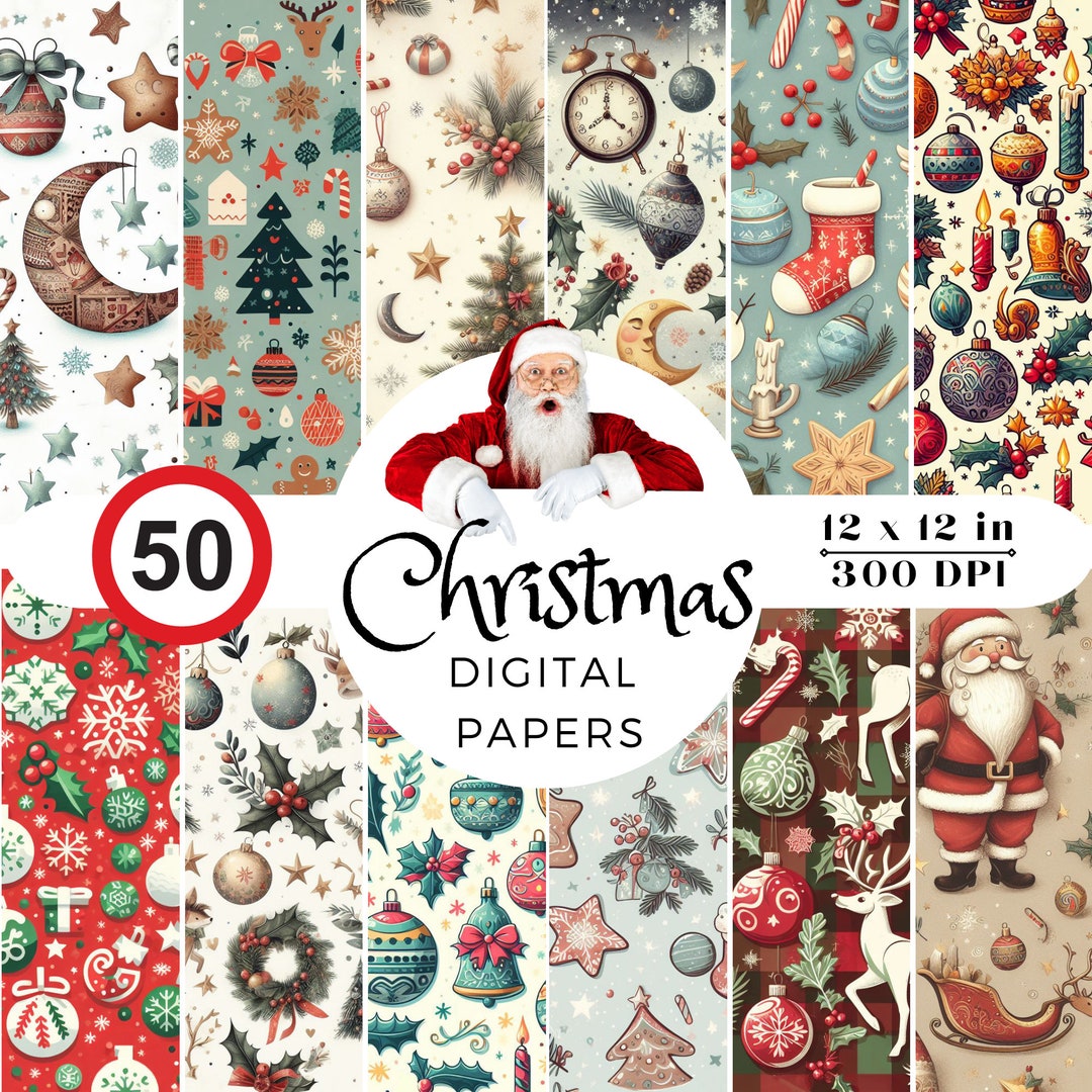 50 Seamless Vintage Christmas Digital Paper Pack, Winter Holiday Old ...