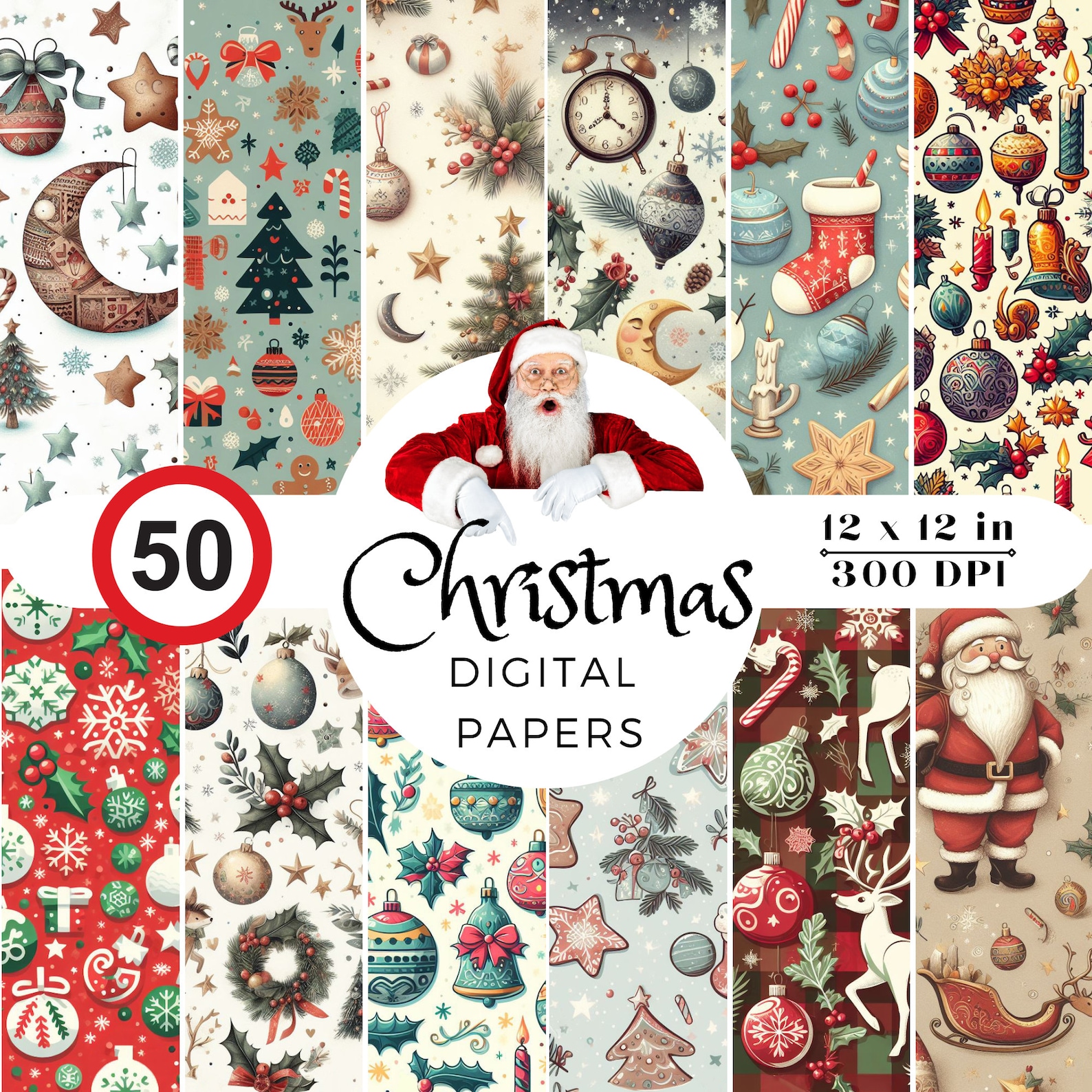 50 Vintage Christmas Digital Papers, Retro Holiday Seamless Patterns ...