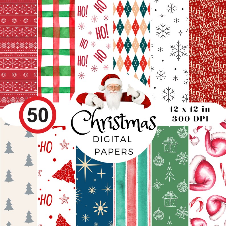 50 Vintage Christmas Digital Papers, Retro Holiday Seamless Patterns ...