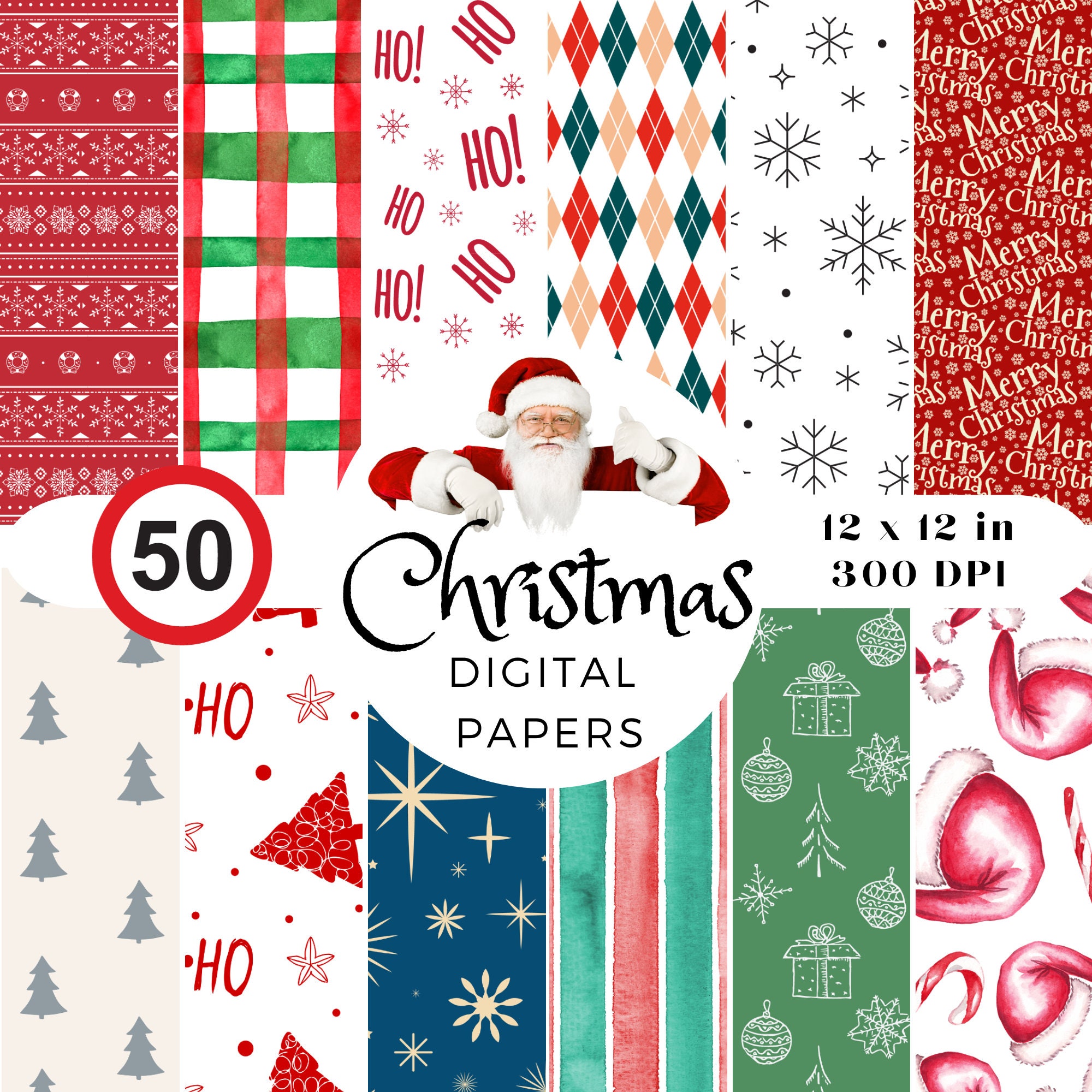 50 Vintage Christmas Digital Papers, Retro Holiday Seamless Patterns ...