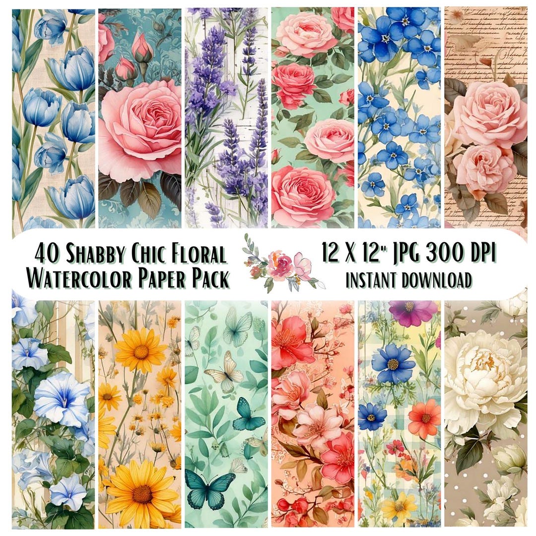40 Seamless Shabby Chic Floral Digital Paper Pack, Vintage Flower ...