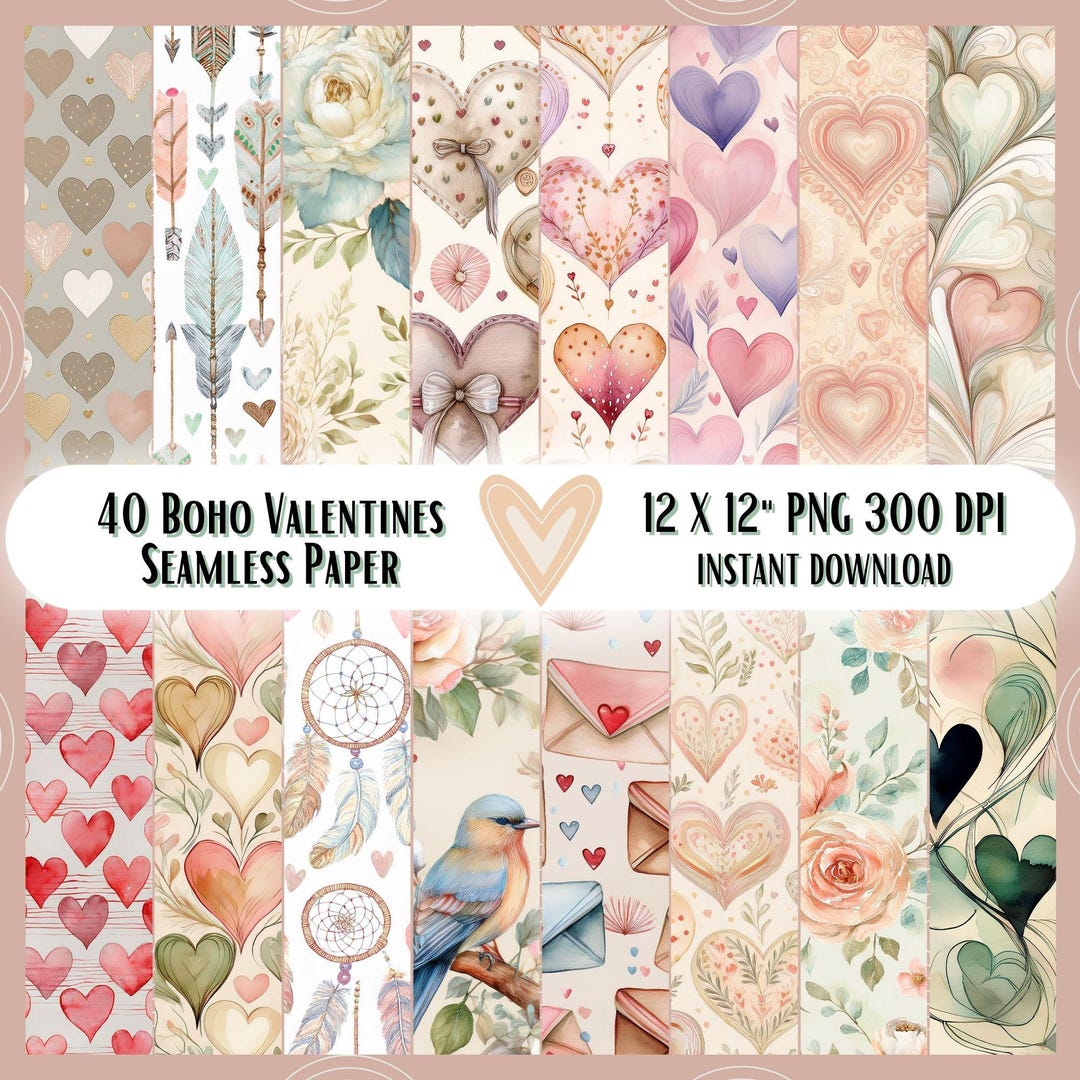 40 Valentines Watercolor Digital Papers | Romantic Boho Heart Patterns ...
