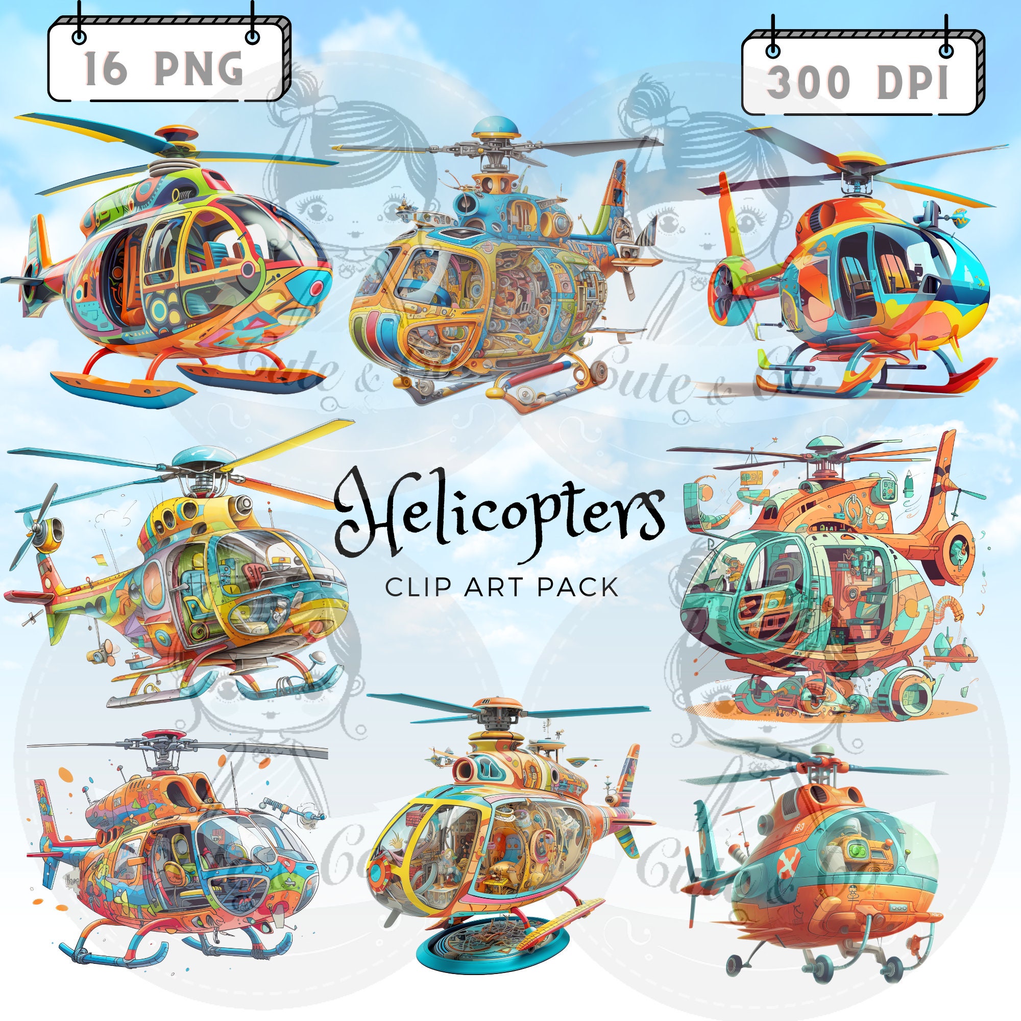 Colorful and Modern Helicopter Clipart Set 16 PNG Images at 300 DPI for ...