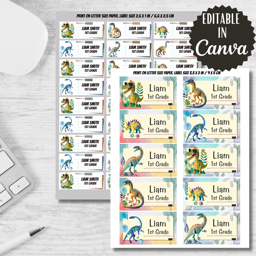 Dinosaur Printable Labels, Back to School Stickers (editable in Canva ...