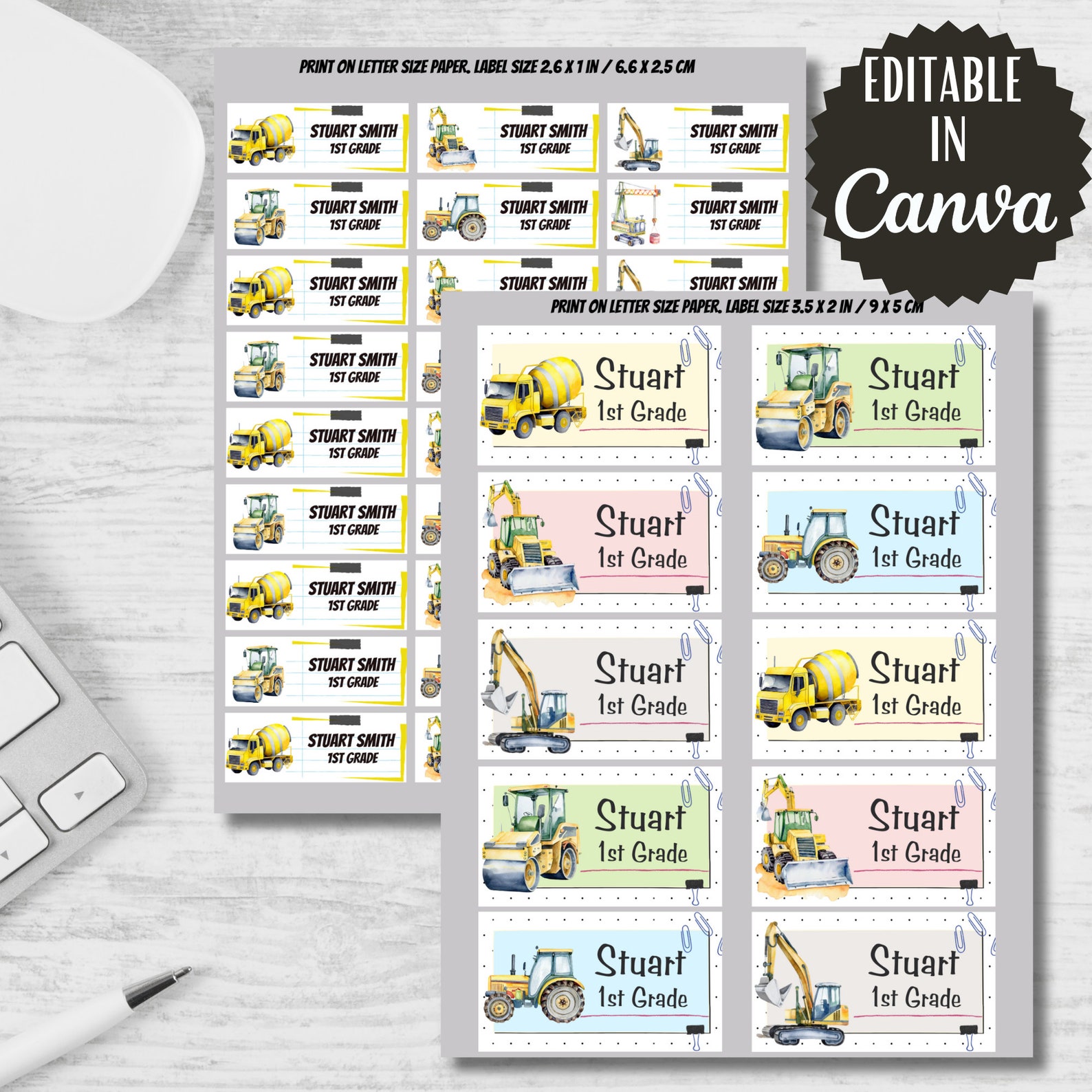 Construction Machines School Labels, Printable Stickers, Editable in ...