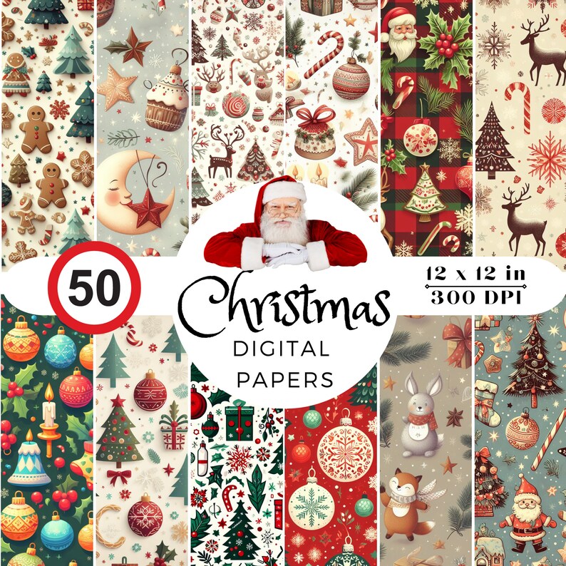 50 Vintage Christmas Digital Papers, Retro Holiday Seamless Patterns ...