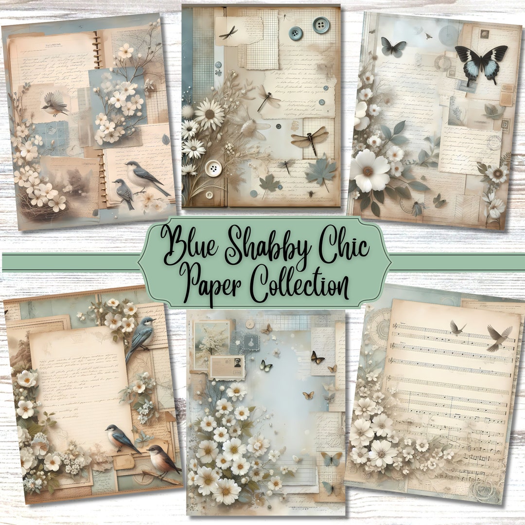 Blue Shabby Chic Paper Collection, 20 Printable Papers, Digital Junk ...