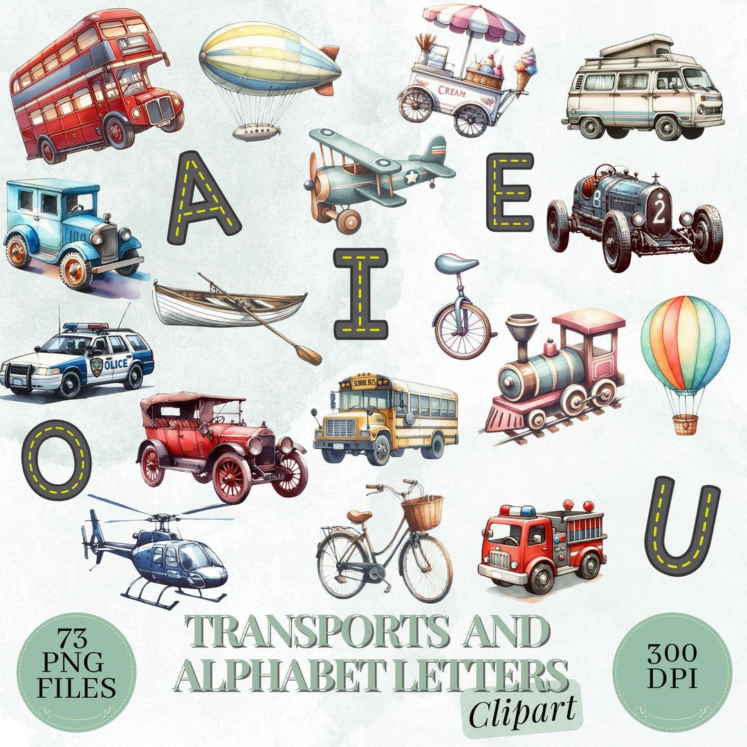 Types of Transport Clipart Bundle, Watercolor Transportation Alphabet ...