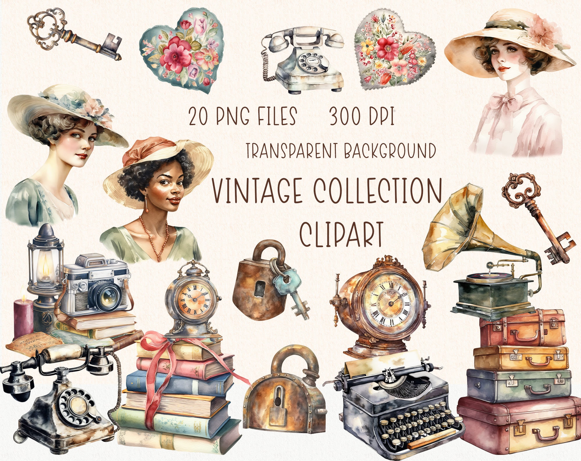 Watercolor Vintage Clipart | Old Fashioned Retro Item Collection - Etsy