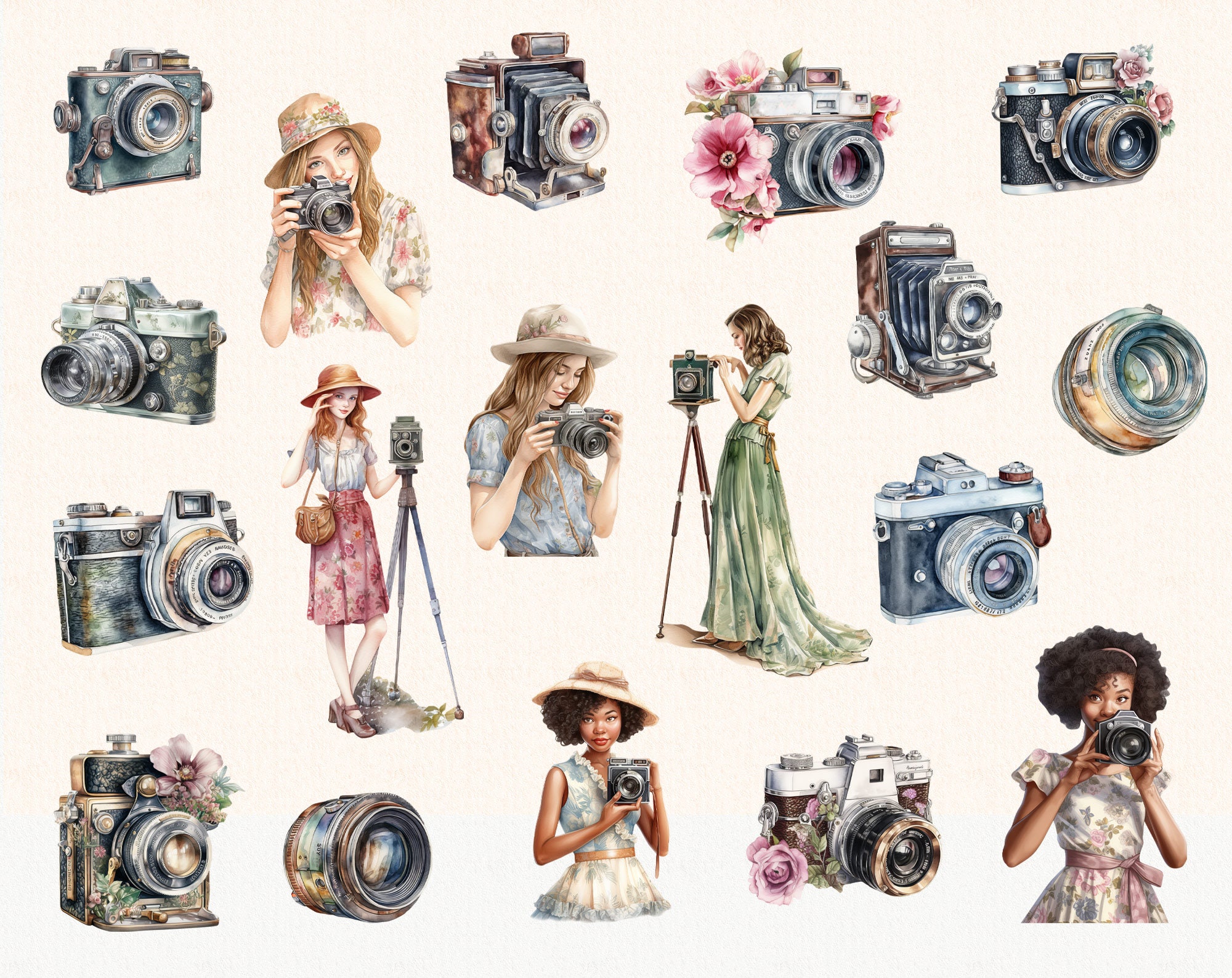 Watercolor Camera Clipart | Photographer Girl Illustration PNG - Etsy