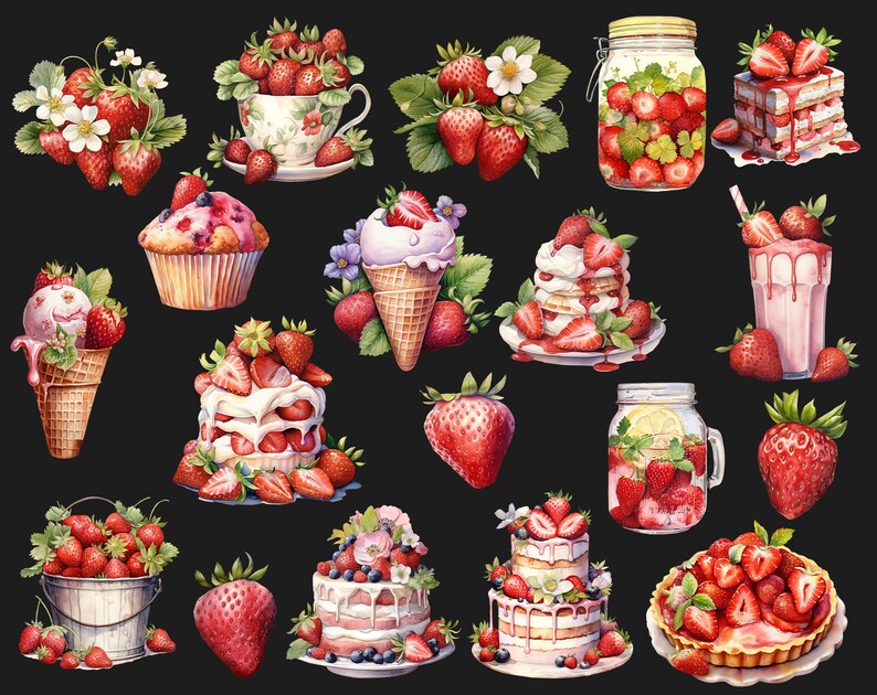 Watercolor Strawberry Clipart | Strawberry Cake, Desserts, Shake Clip ...