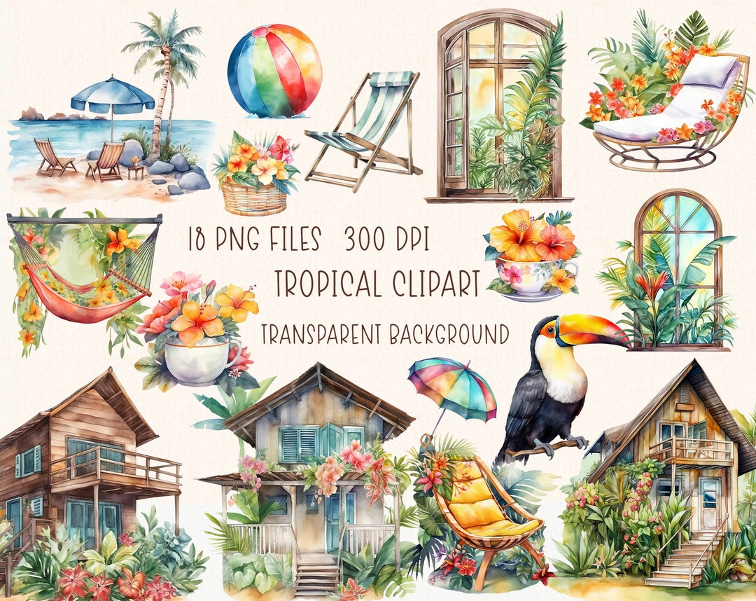 Watercolor Tropical Clipart | Summer Beach Clip Art | Fruit ...
