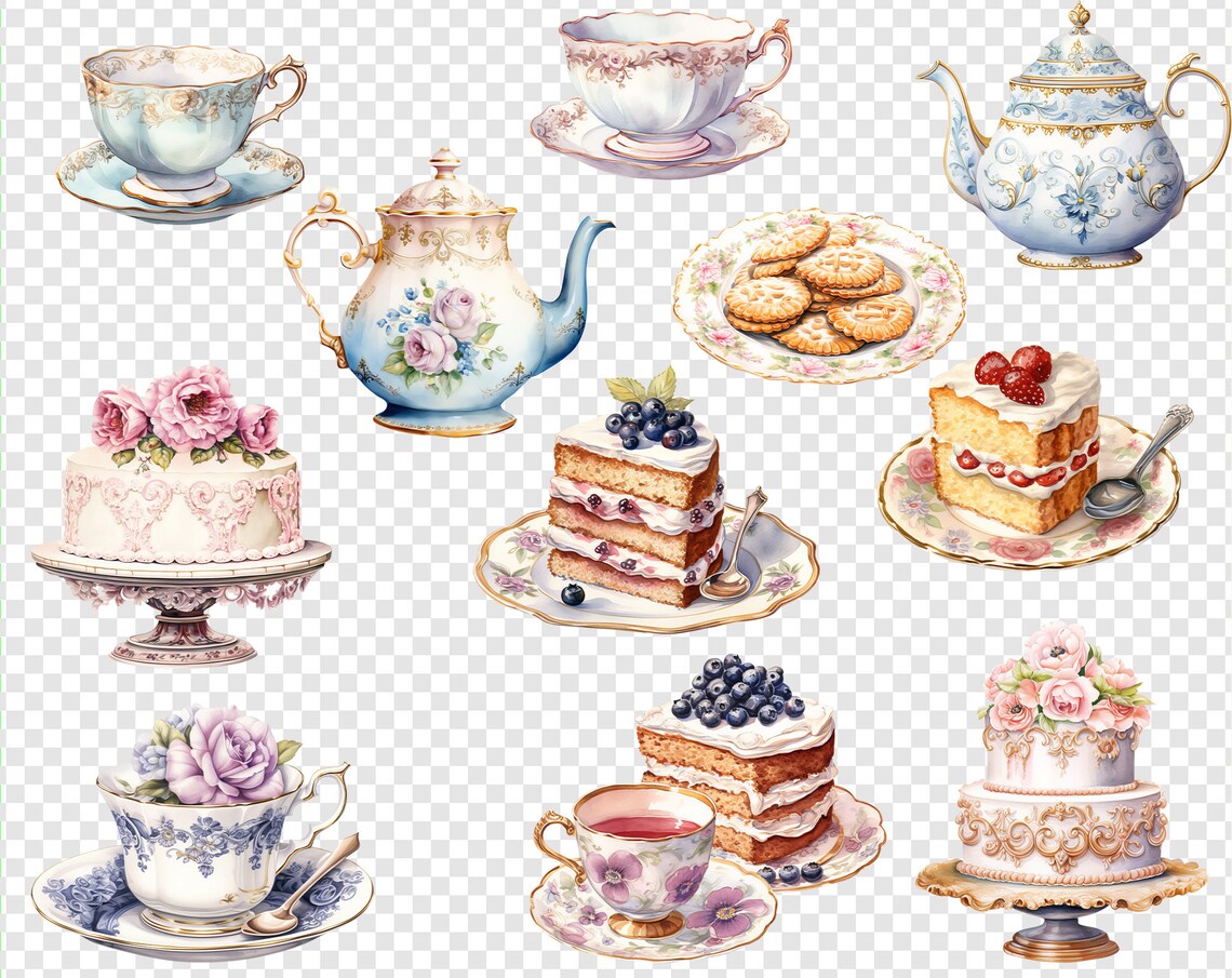 Tea Time Clipart | Watercolor Set of Tea Pots and Cups Clip Art PNG - Etsy